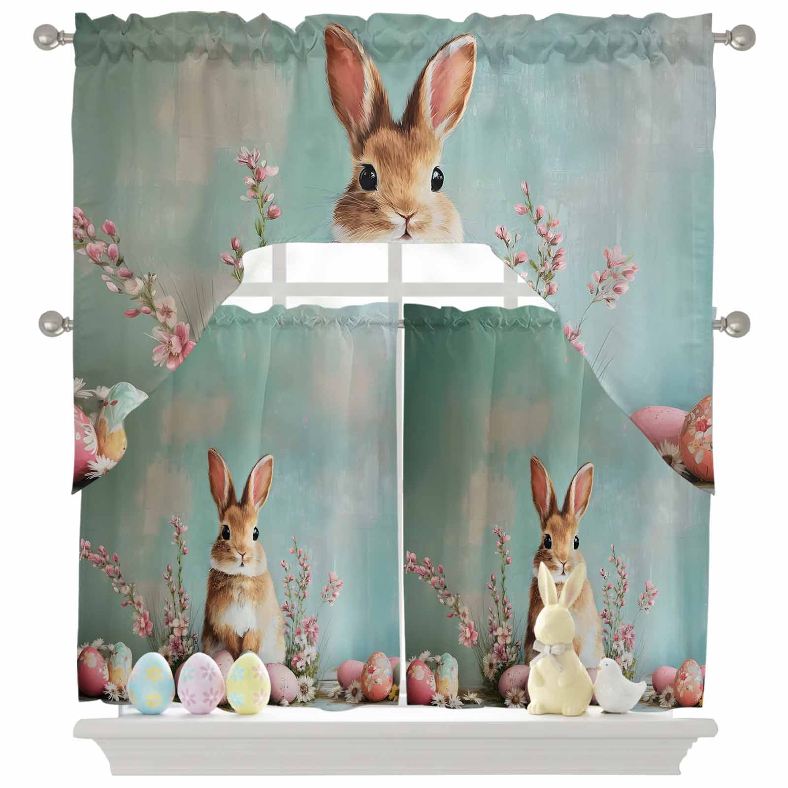 Easter Rabbit Swag Curtains Valance & Tier Set, Spring Bunny Eggs Pink ...