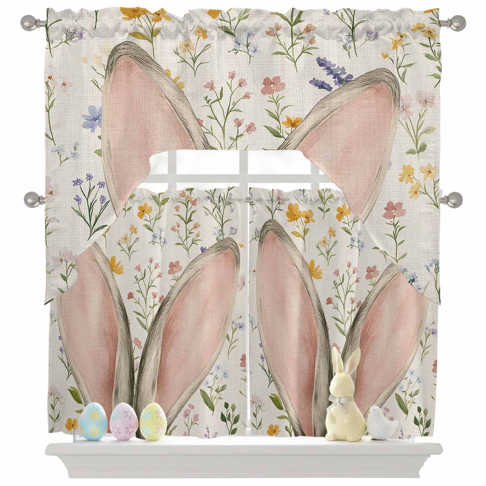 Easter Rabbit Swag Curtains Valance & Tier Set, Spring Flower Pink Ears ...