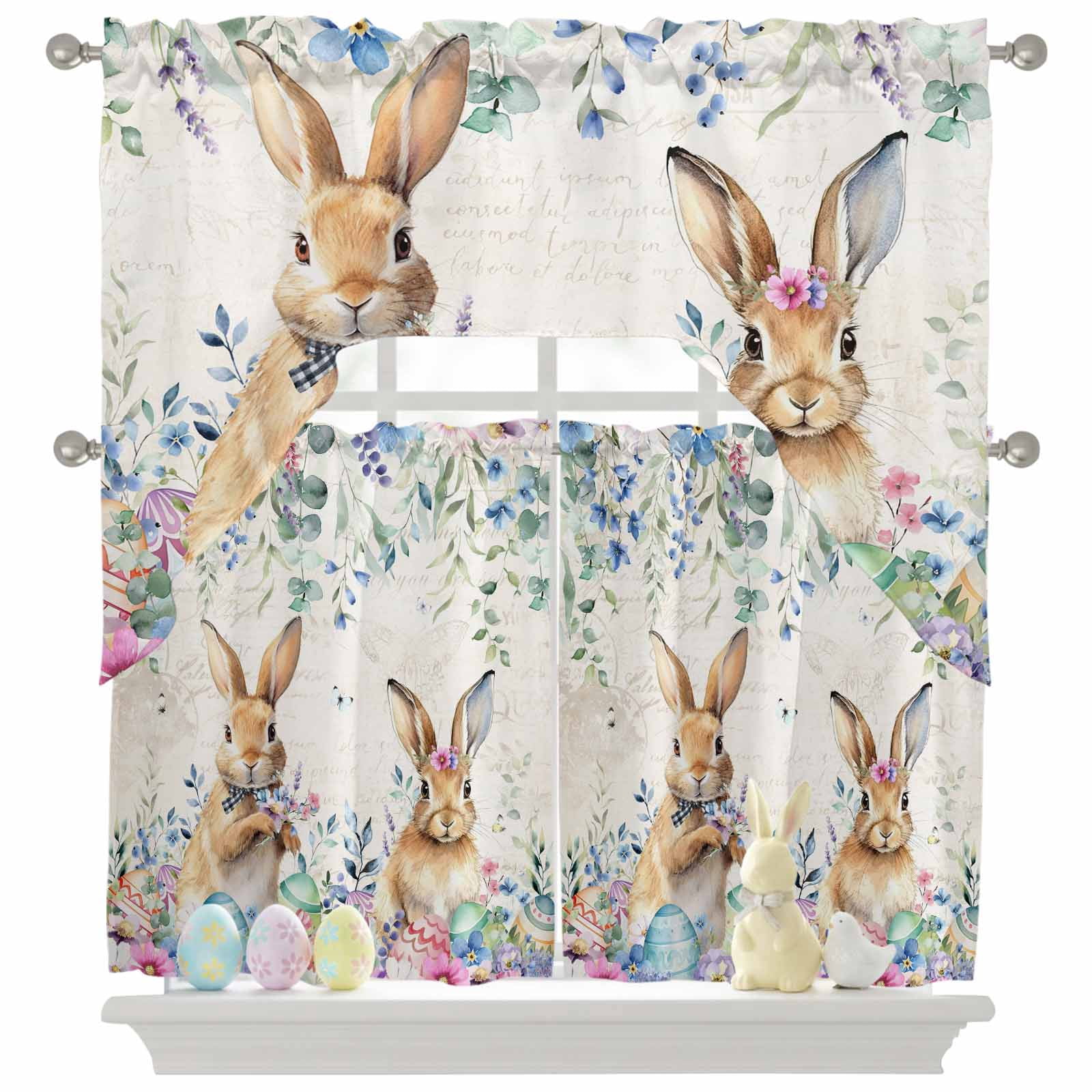 Easter Rabbit Swag Curtains Valance & Tier Set, Vintage Pink Blue ...