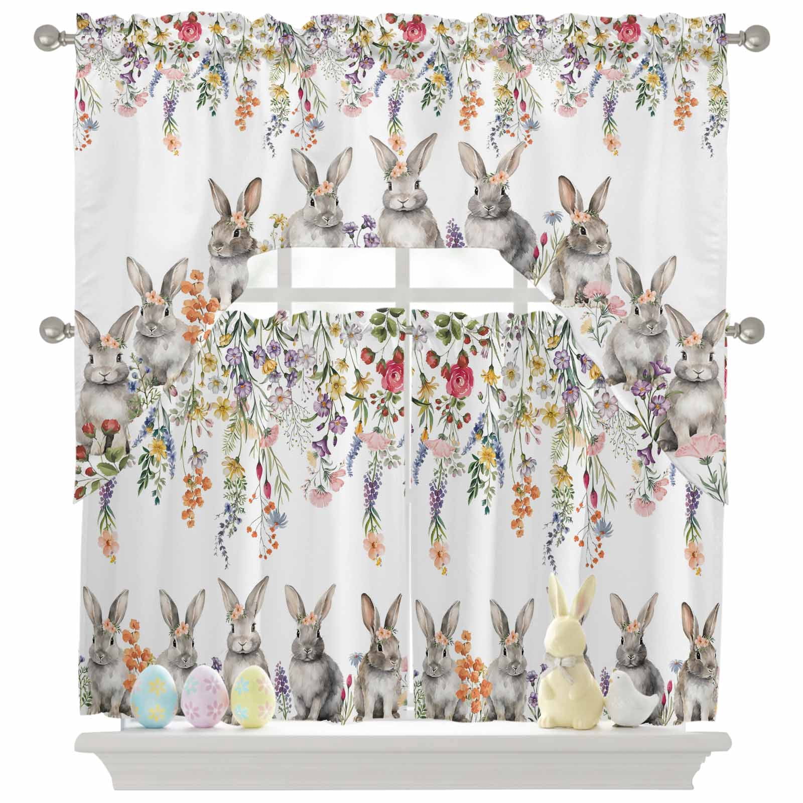 Easter Rabbit Swag Curtains Valance & Tier Set, Watercolor Bunny Red ...