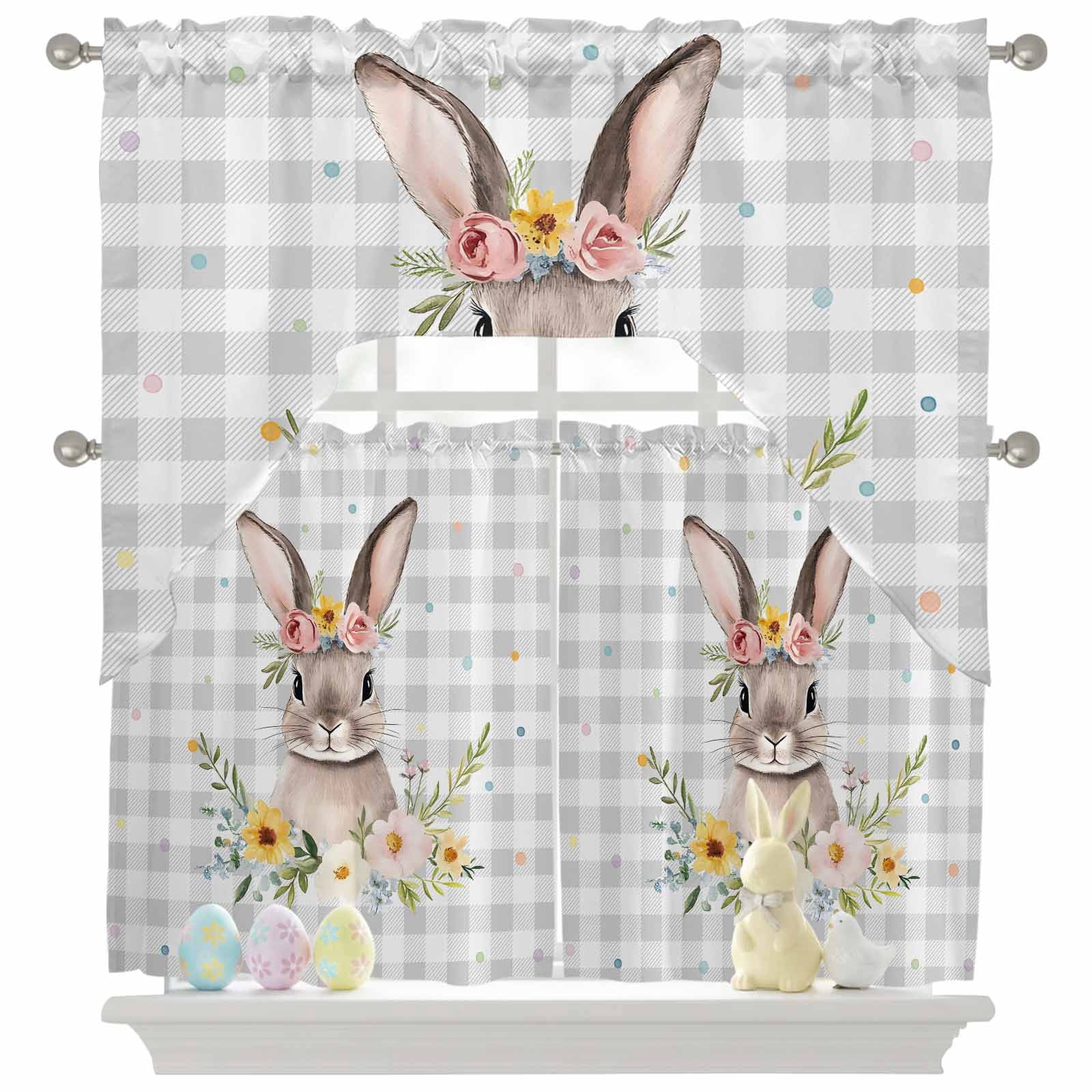 Easter Rabbit Swag Curtains Valance & Tier Set, Watercolor Pink White ...