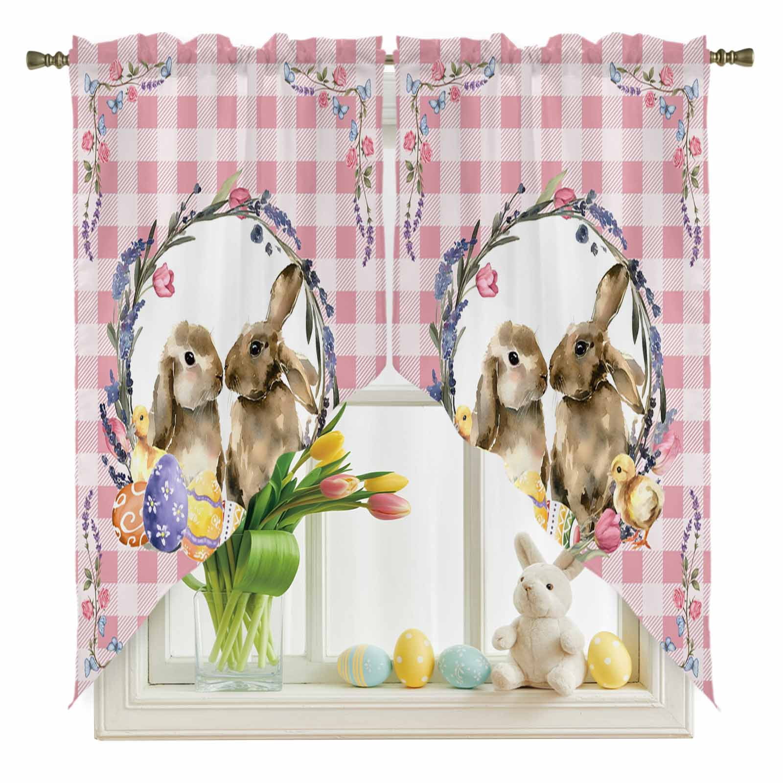 Easter Rabbit Swag Kitchen Curtain Valances, Watercolor Chicken Pink ...
