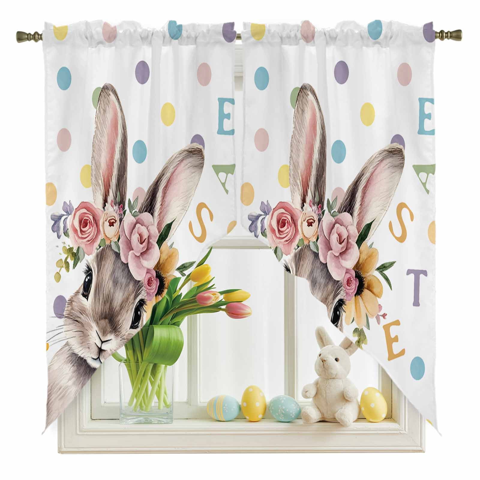 Easter Rabbit Swag Valance Curtains Colorful Polka Dot Rod Pocket Swag ...