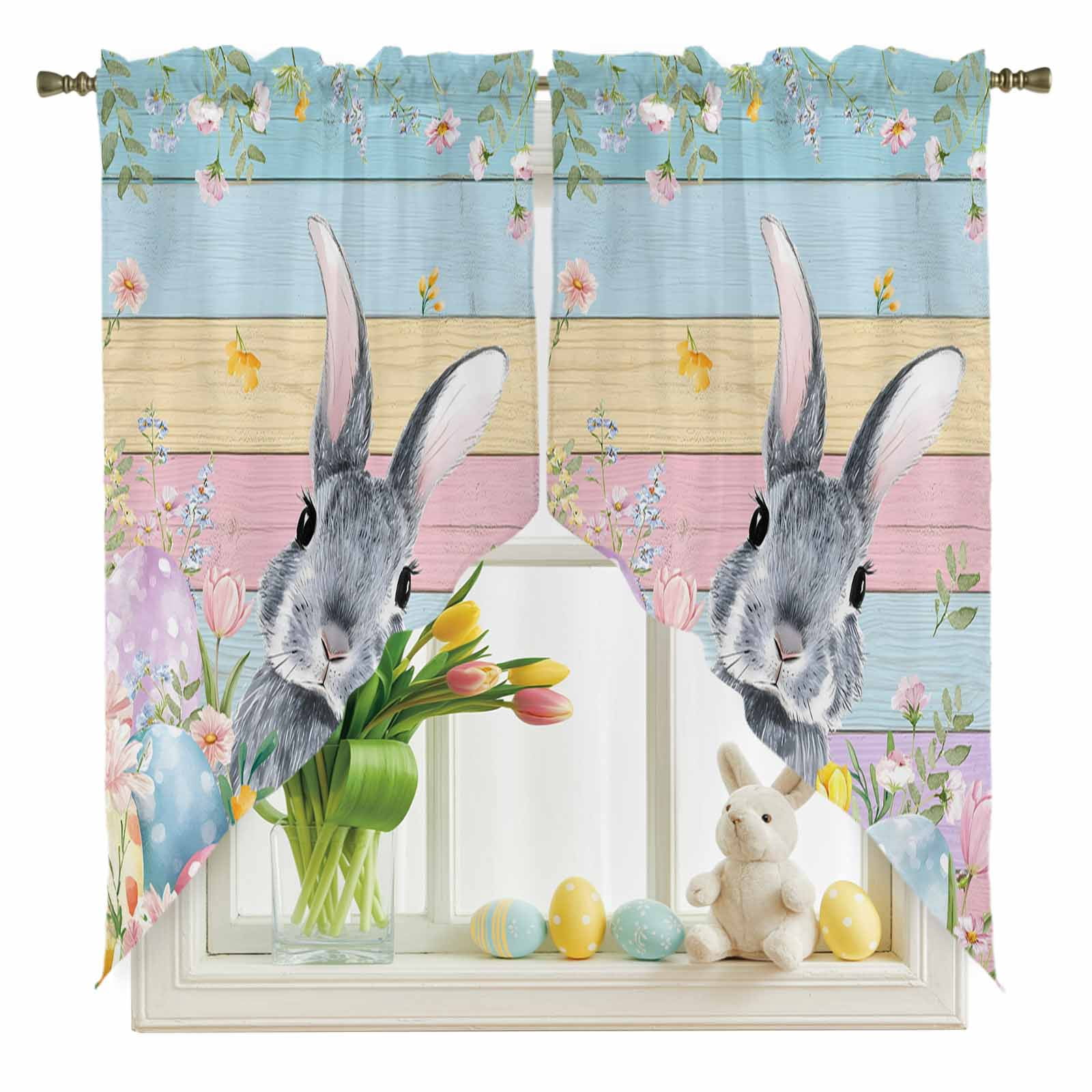 Easter Rabbit Swag Valance Curtains Spring Floral Colored Eggs Colorful ...