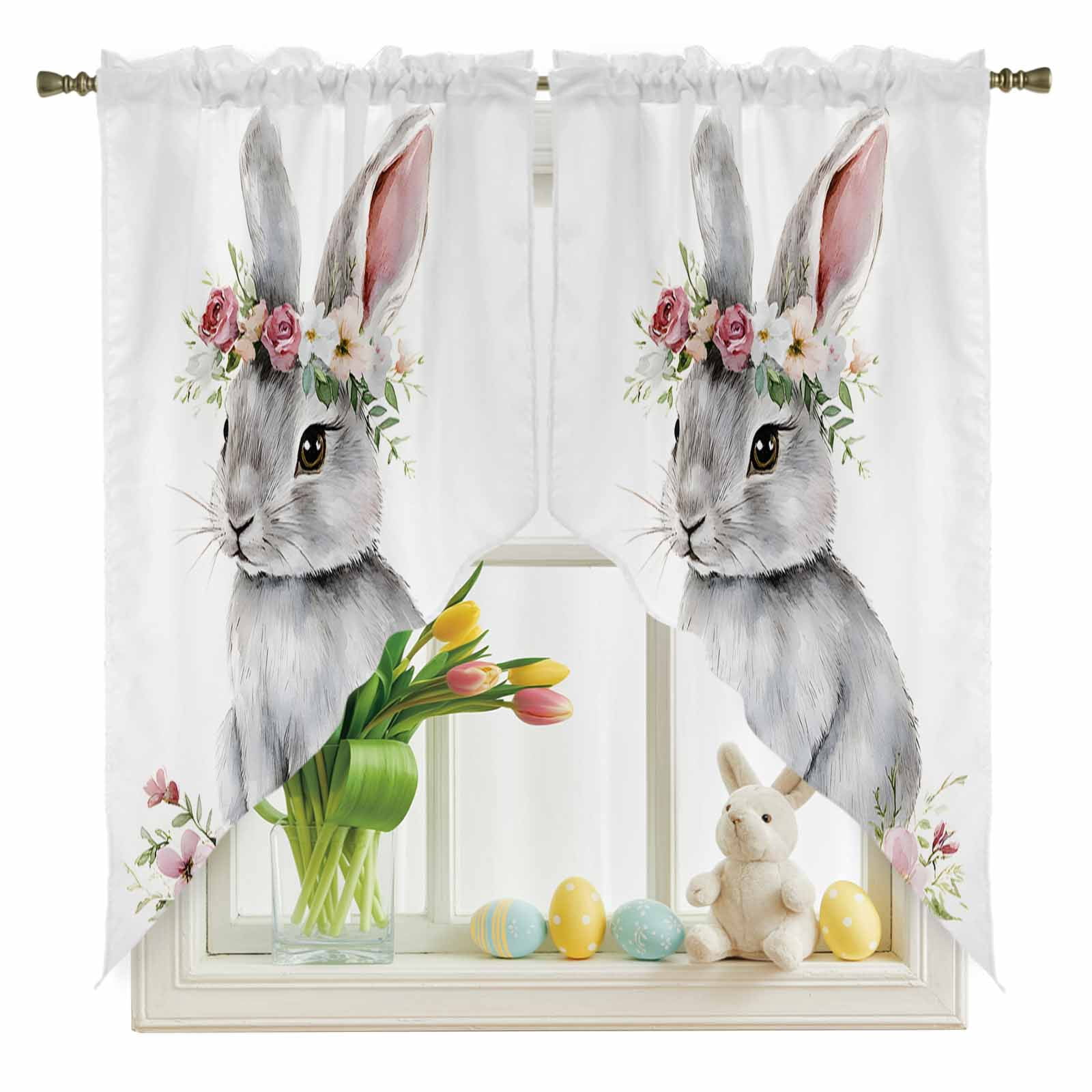 Easter Rabbit Swag Valance Curtains Watercolor Grey Wreath Bunny Spring ...