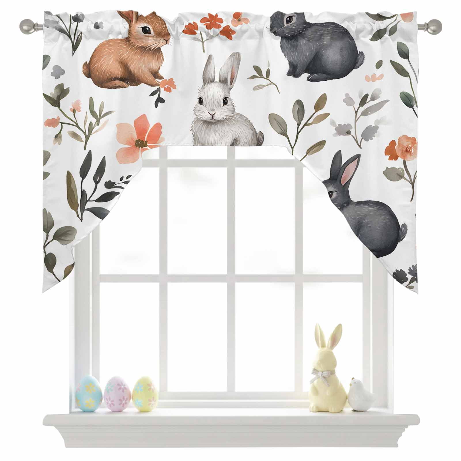 Easter Rabbit Swag Valances for Kitchen Window, Leaf Red Floral Small ...