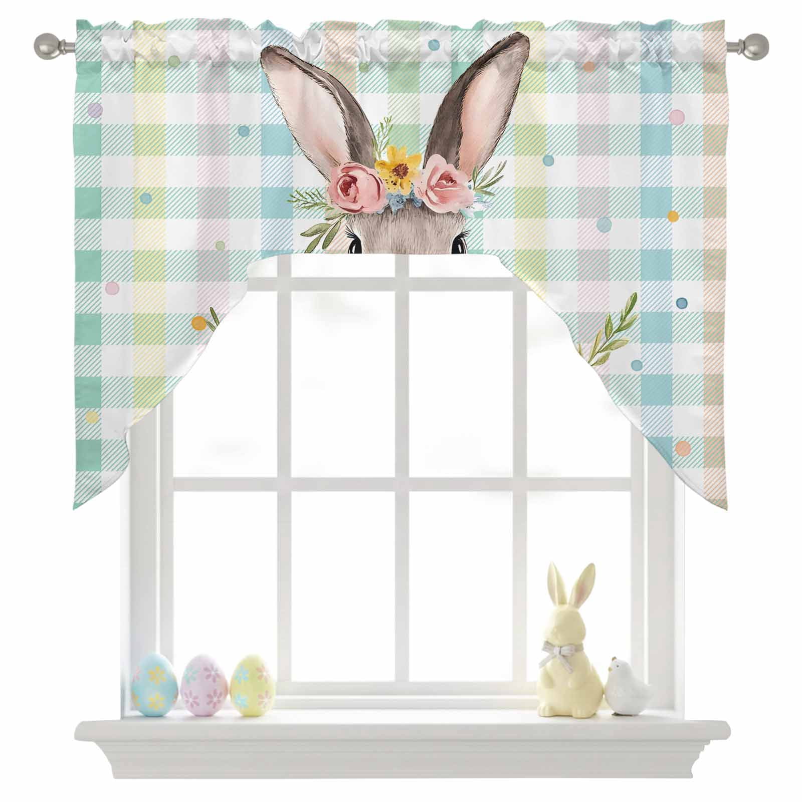 Easter Rabbit Swag Valances for Kitchen Window, Watercolor Spring Pink ...