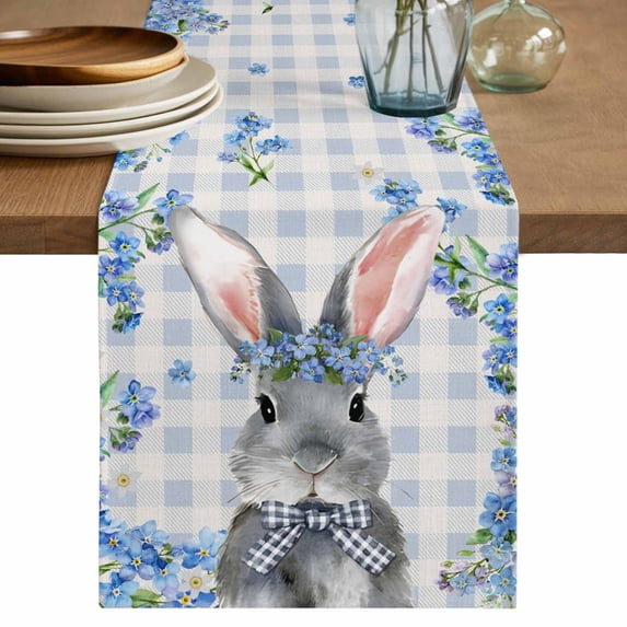 Easter Rabbit Table Runner 108 Inches, Spring Cute Bunny Blue Flowers ...