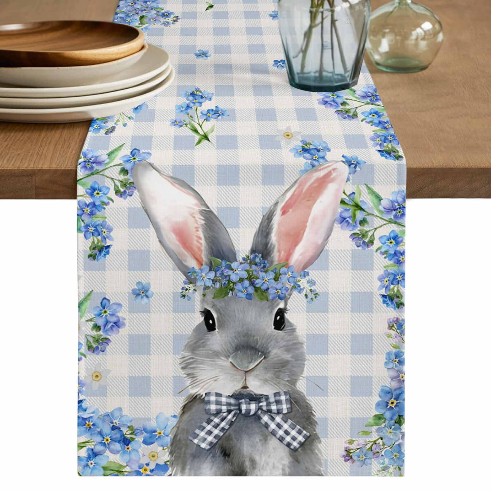 Easter Rabbit Table Runner 48 Inches, Spring Cute Bunny Blue Flowers ...