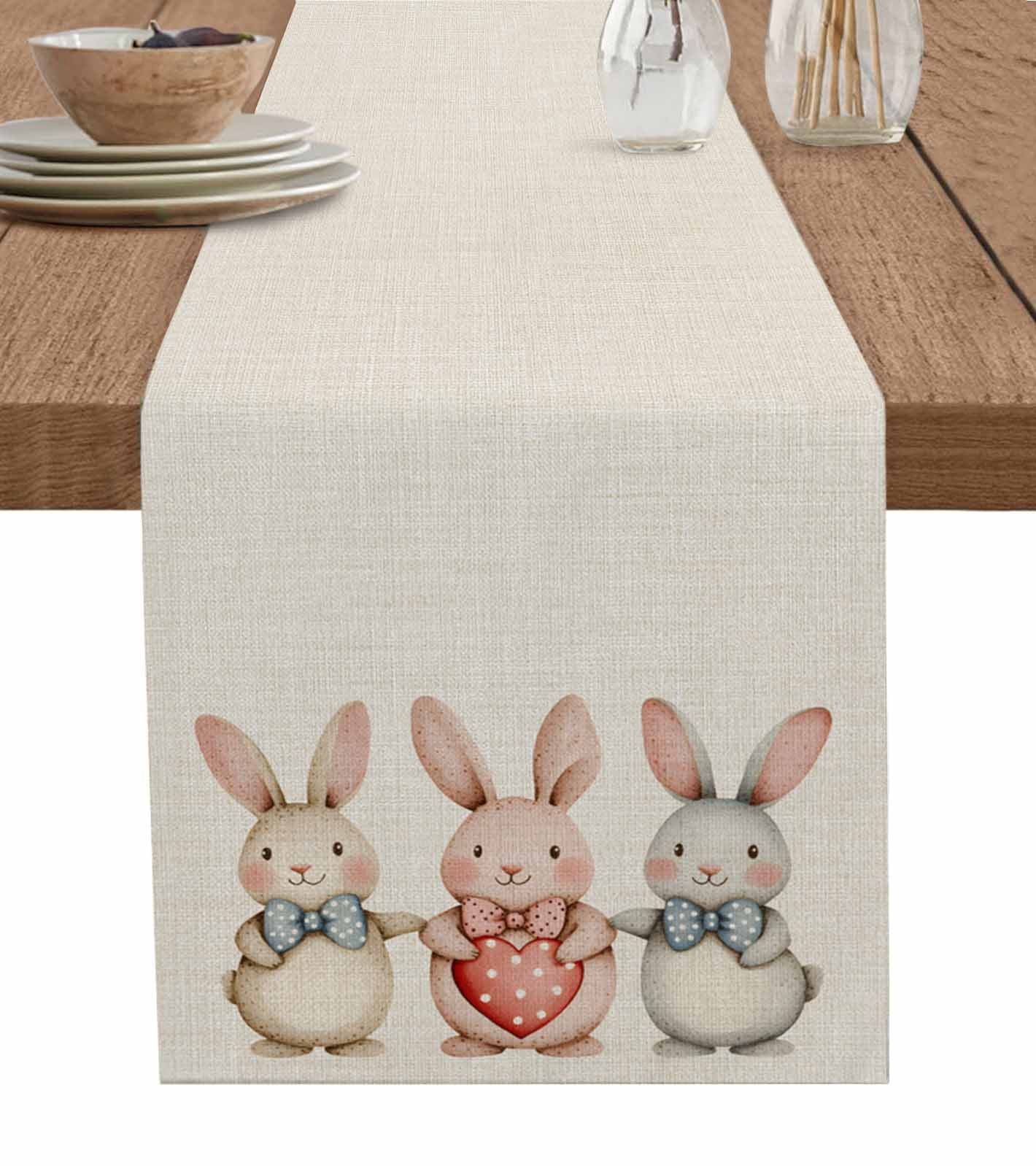 Easter Rabbit Table Runner 72 Inches, Retro Cartoon Cute Bow Bunny Love ...