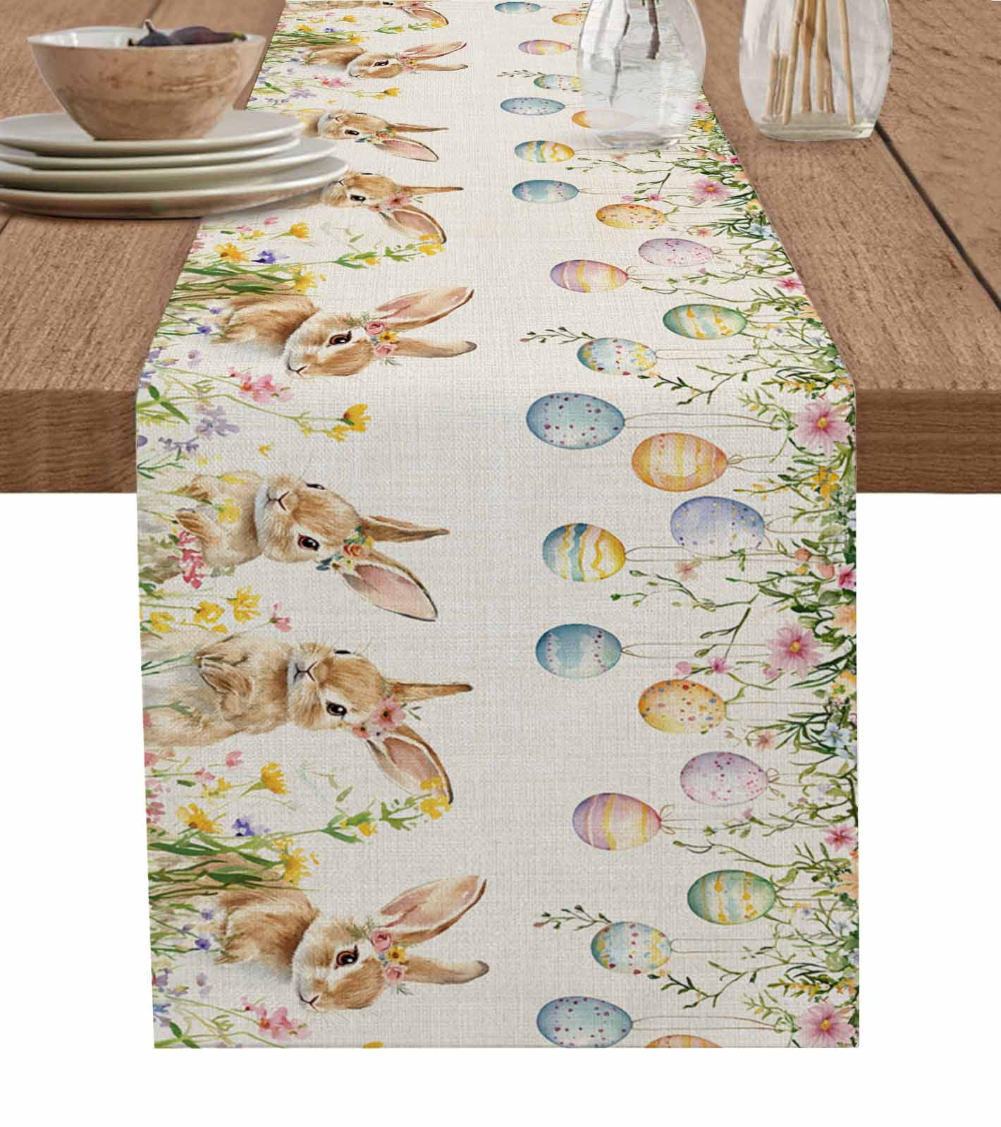 Easter Rabbit Table Runner 72 Inches, Retro Colorful Eggs Flowers Vines ...