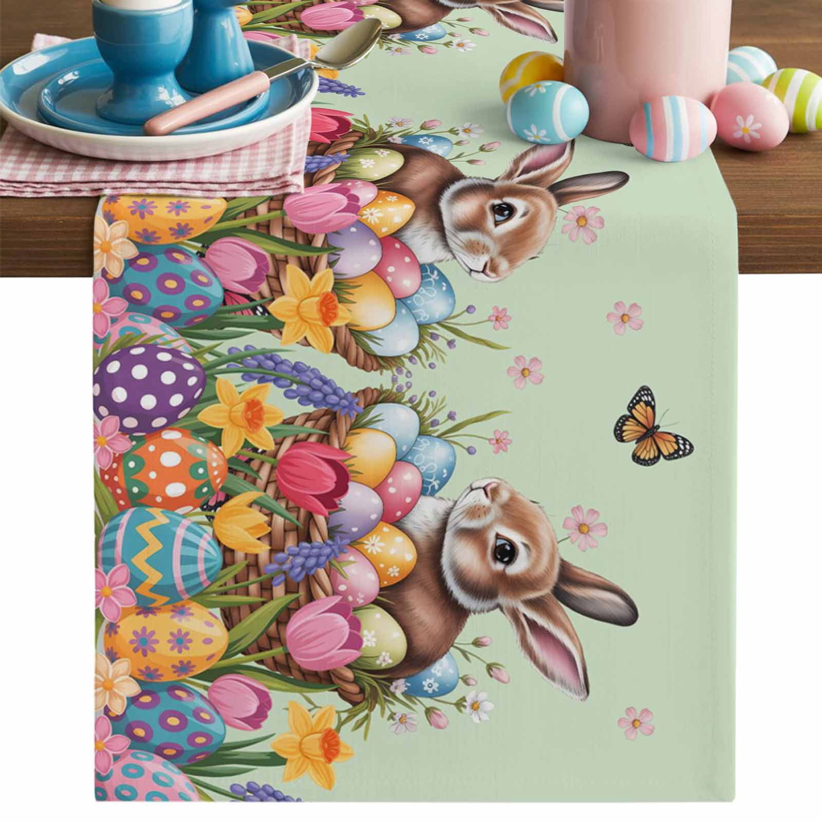 Easter Rabbit Table Runner, Spring Basket Eggs Bunny Floral Green ...