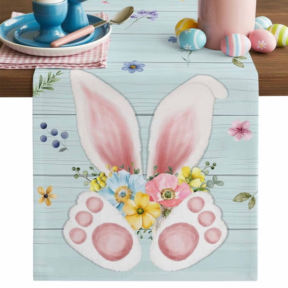 Easter Rabbit Table Runner, Spring Bunny Ears Foot Floral Green Wood ...