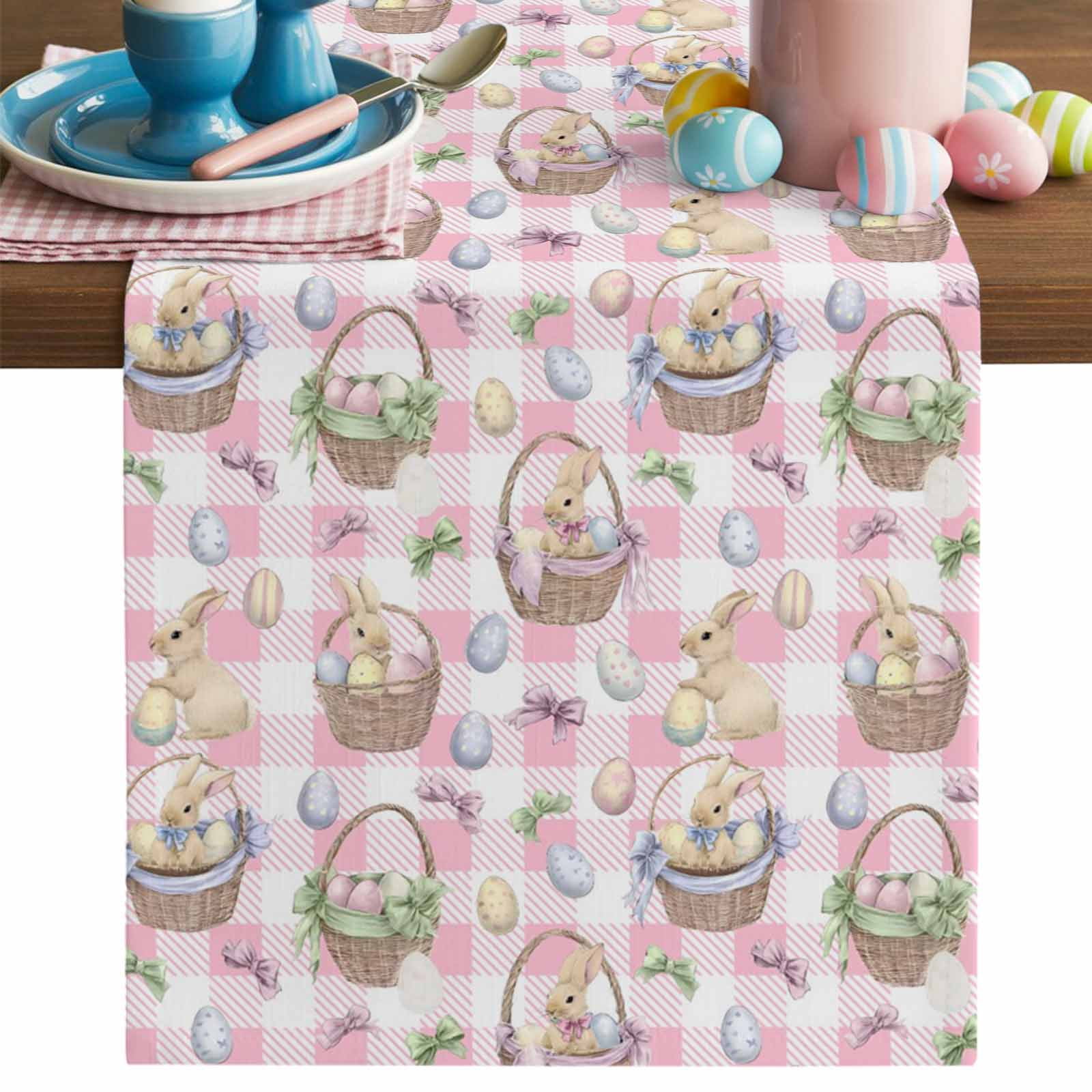 Easter Rabbit Table Runner, Spring Colorful Eggs Bowknots Pink Plaid ...