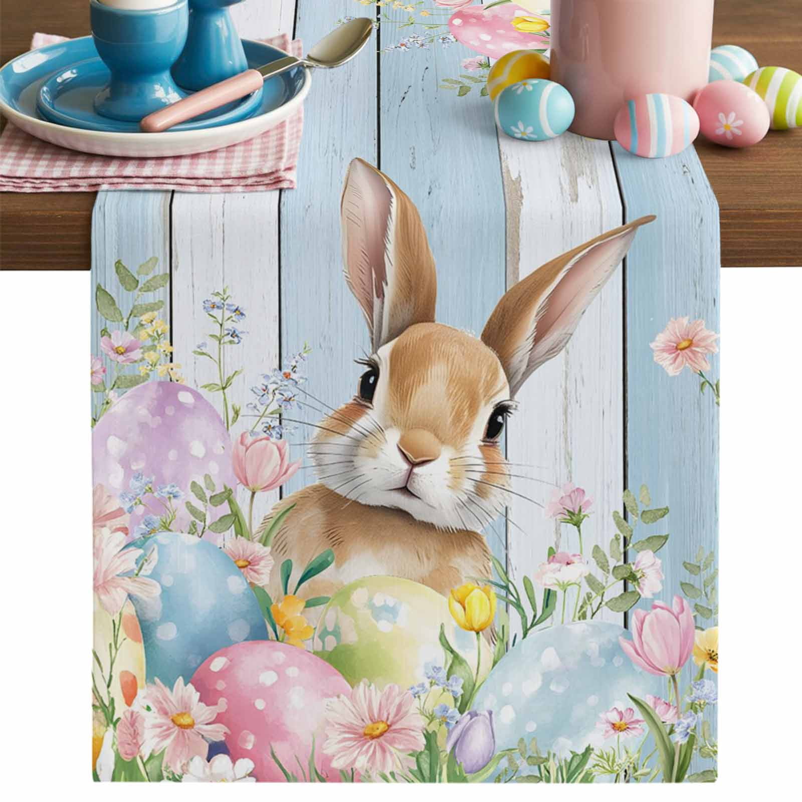 Easter Rabbit Table Runner, Spring Floral Colored Eggs Blue Wood ...