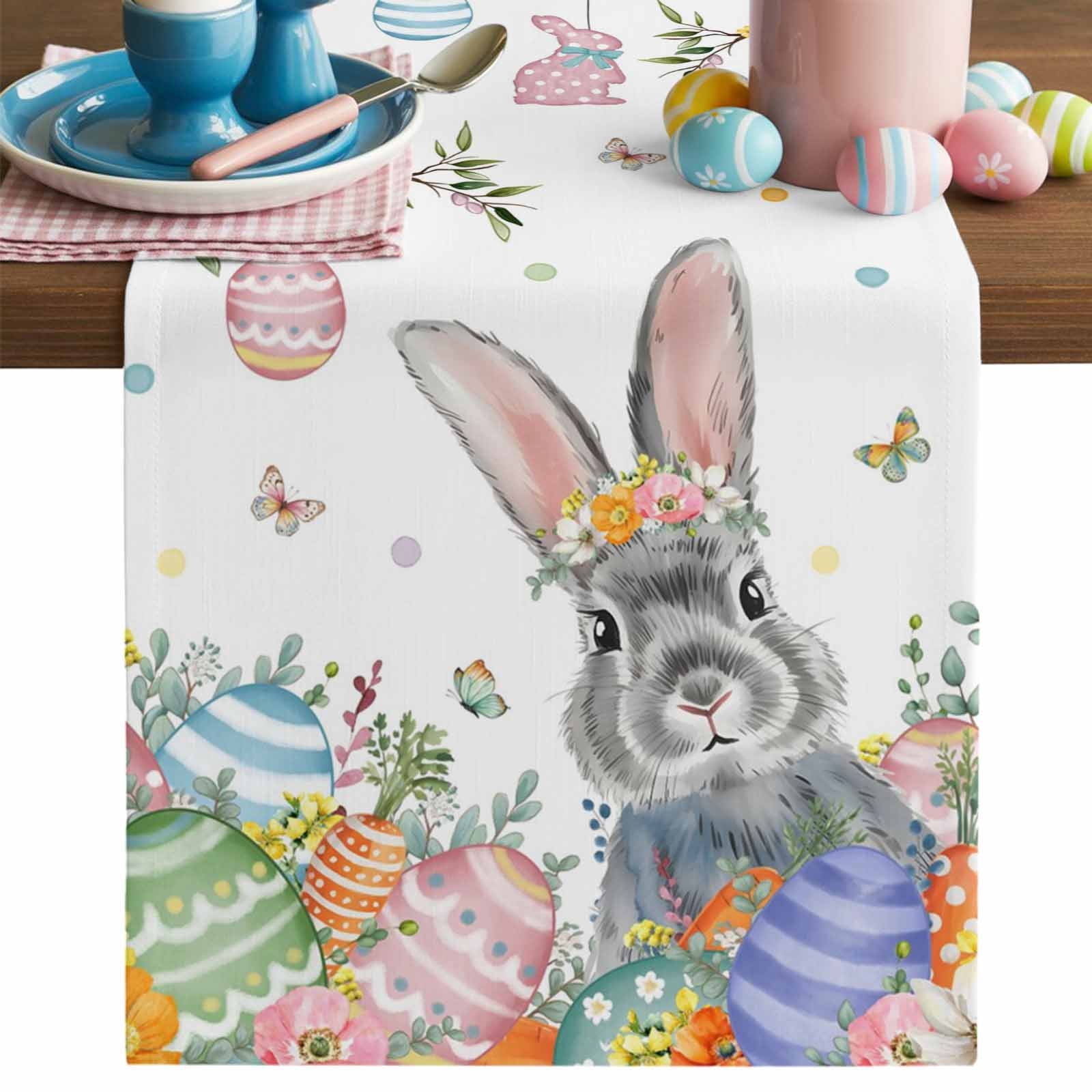 Easter Rabbit Table Runner, Spring Floral Colored Eggs Branches ...