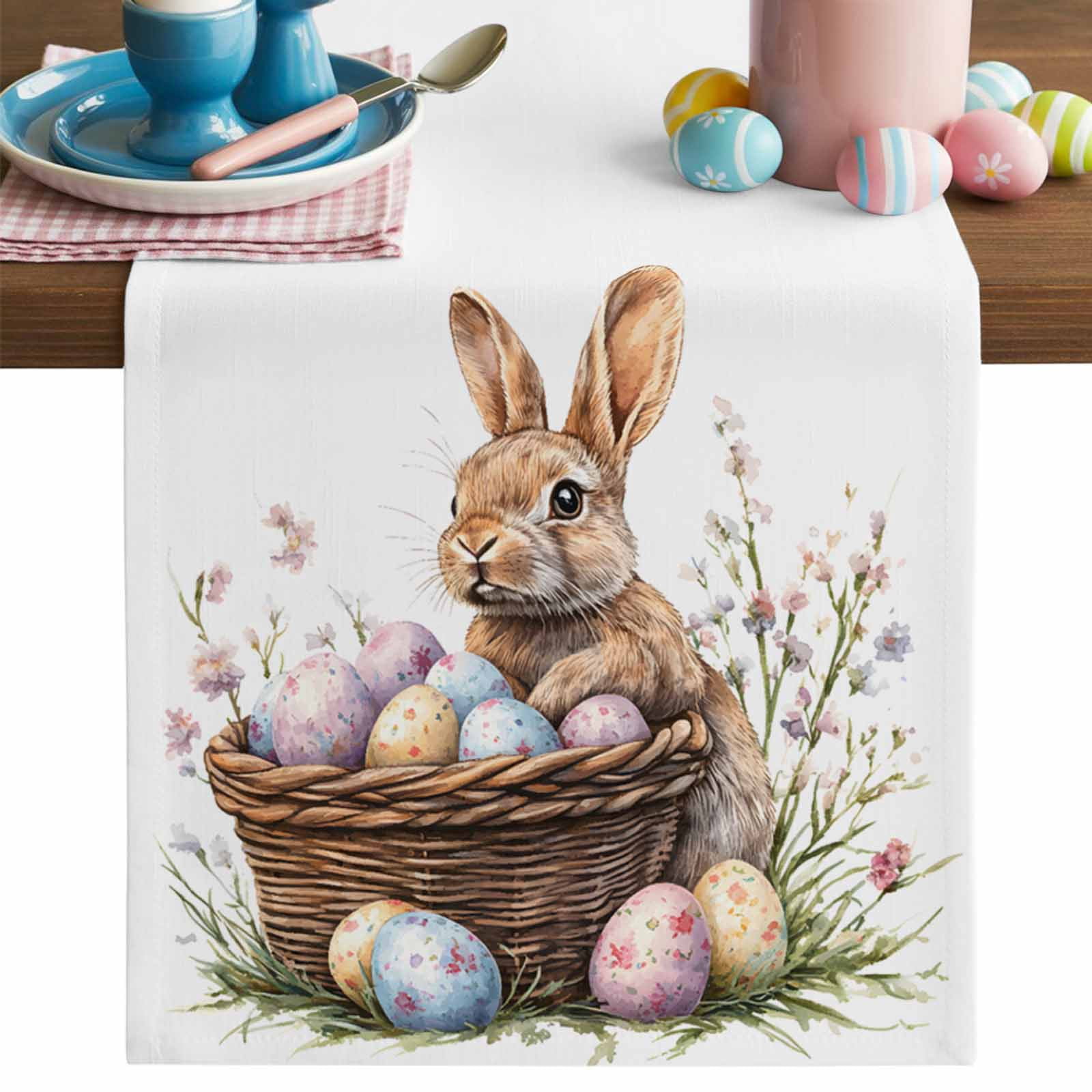 Easter Rabbit Table Runner, Vintage Basket Pink Blue Yellow Eggs Spring ...