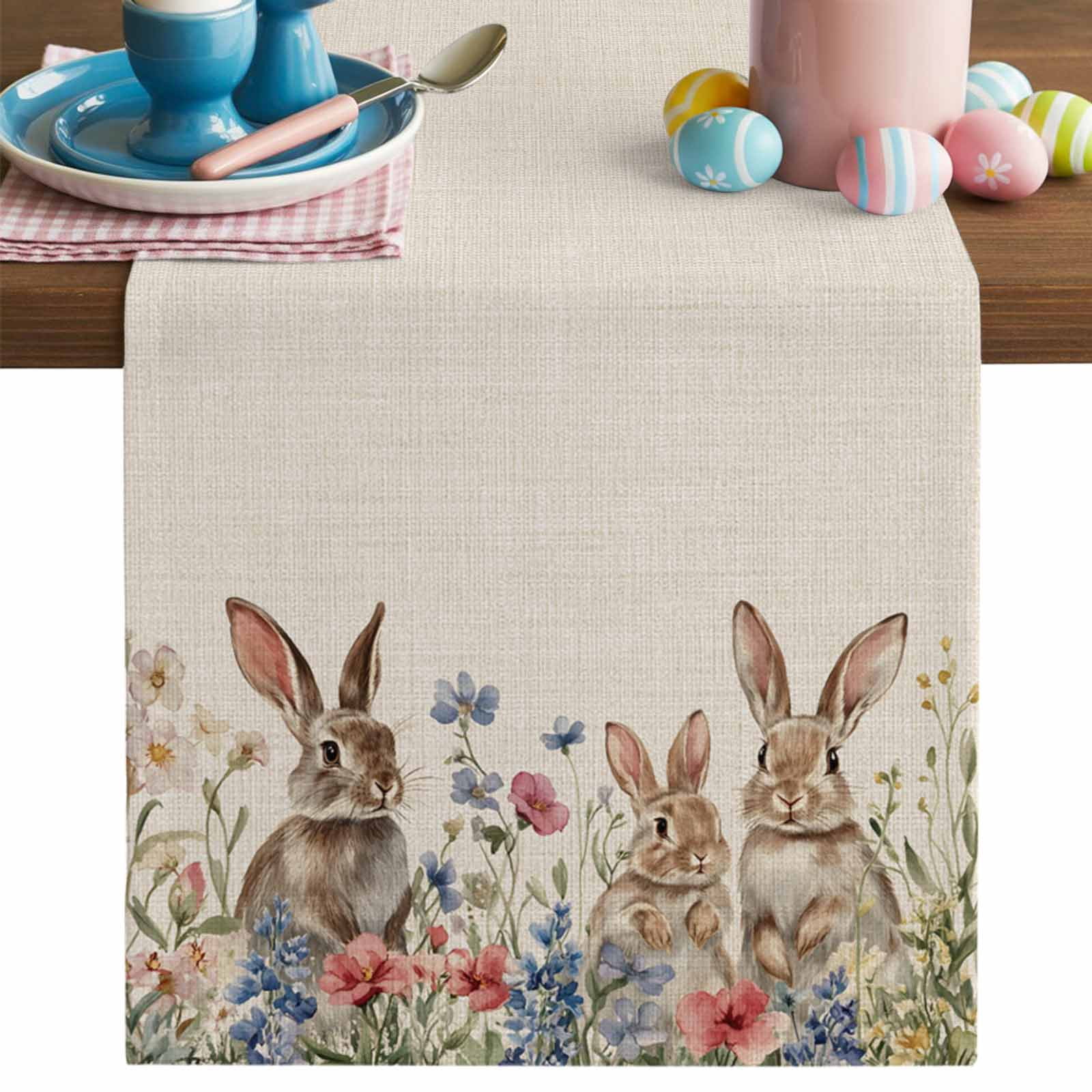 Easter Rabbit Table Runner, Vintage Brown Bunny Spring Blue Pink Flower ...