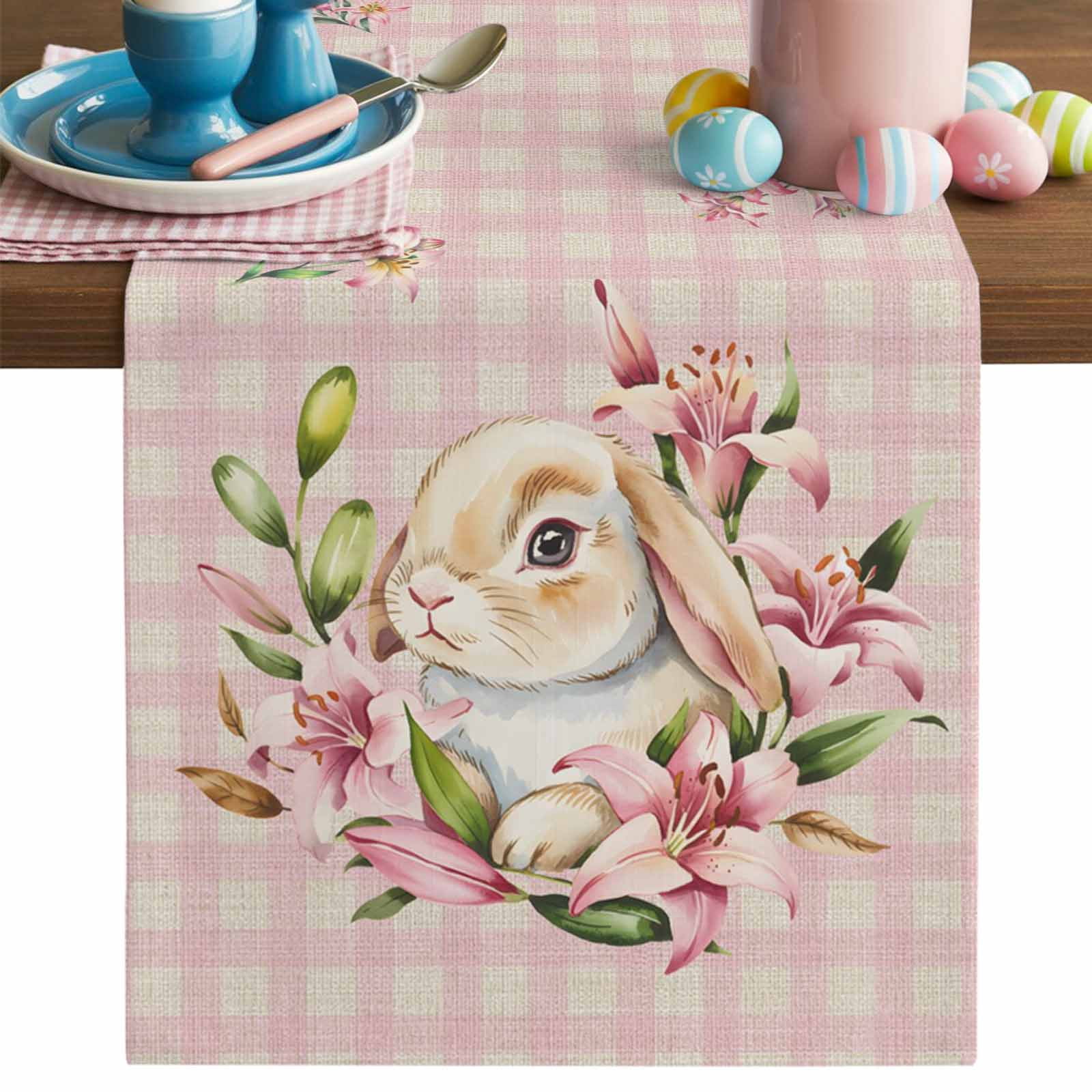 Easter Rabbit Table Runner, Vintage Spring Pink Floral Bunny Pink Plaid ...