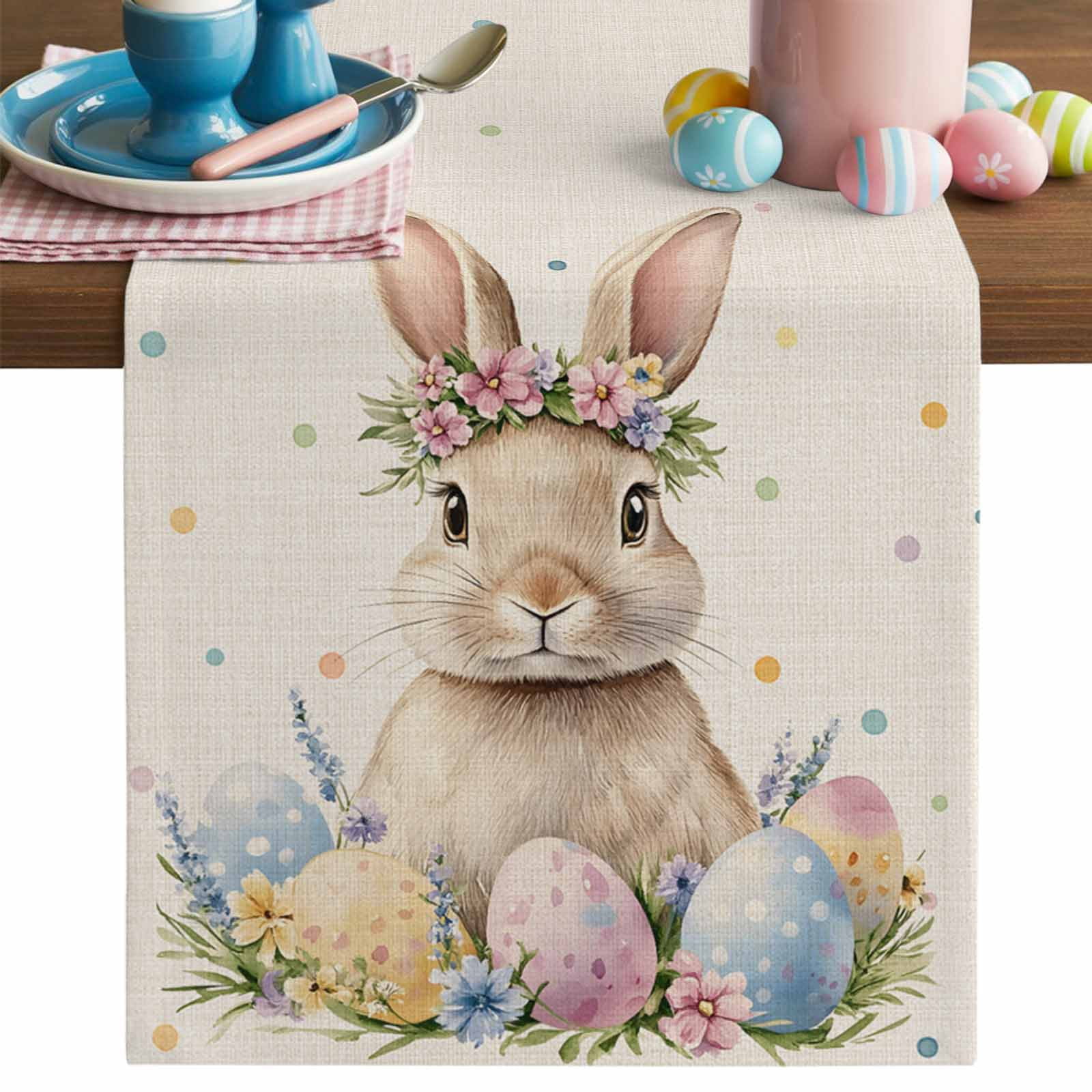 Easter Rabbit Table Runner, Watercolor Pink Blue Eggs Spring Colorful ...