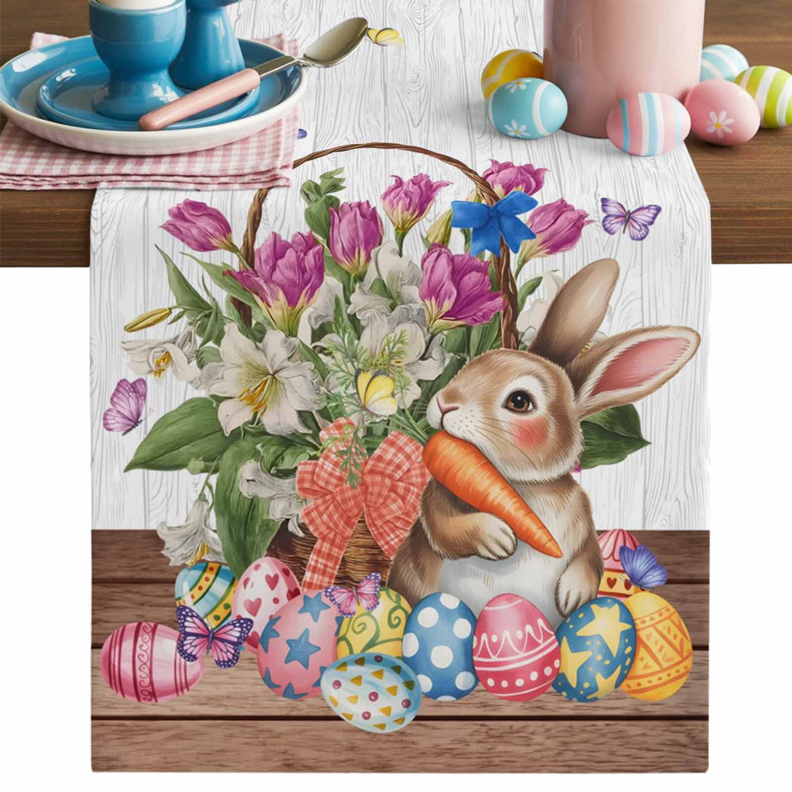 Easter Rabbit Table Runner, Watercolor Spring Basket Floral Eggs Wood ...