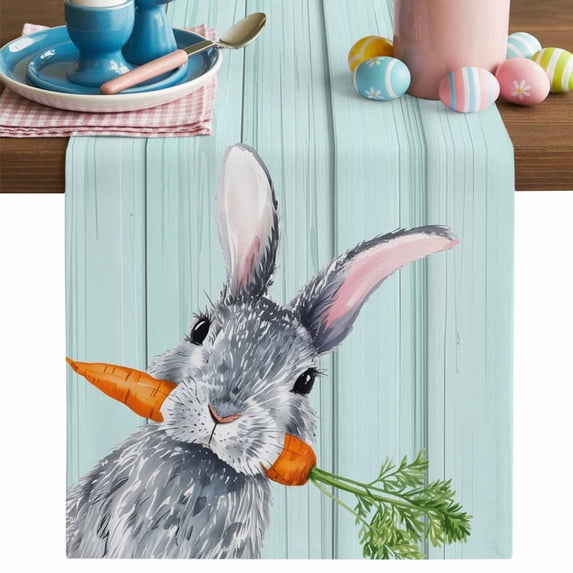 Easter Rabbit Table Runner, Watercolor Spring Bunny Carrot Green Wood ...
