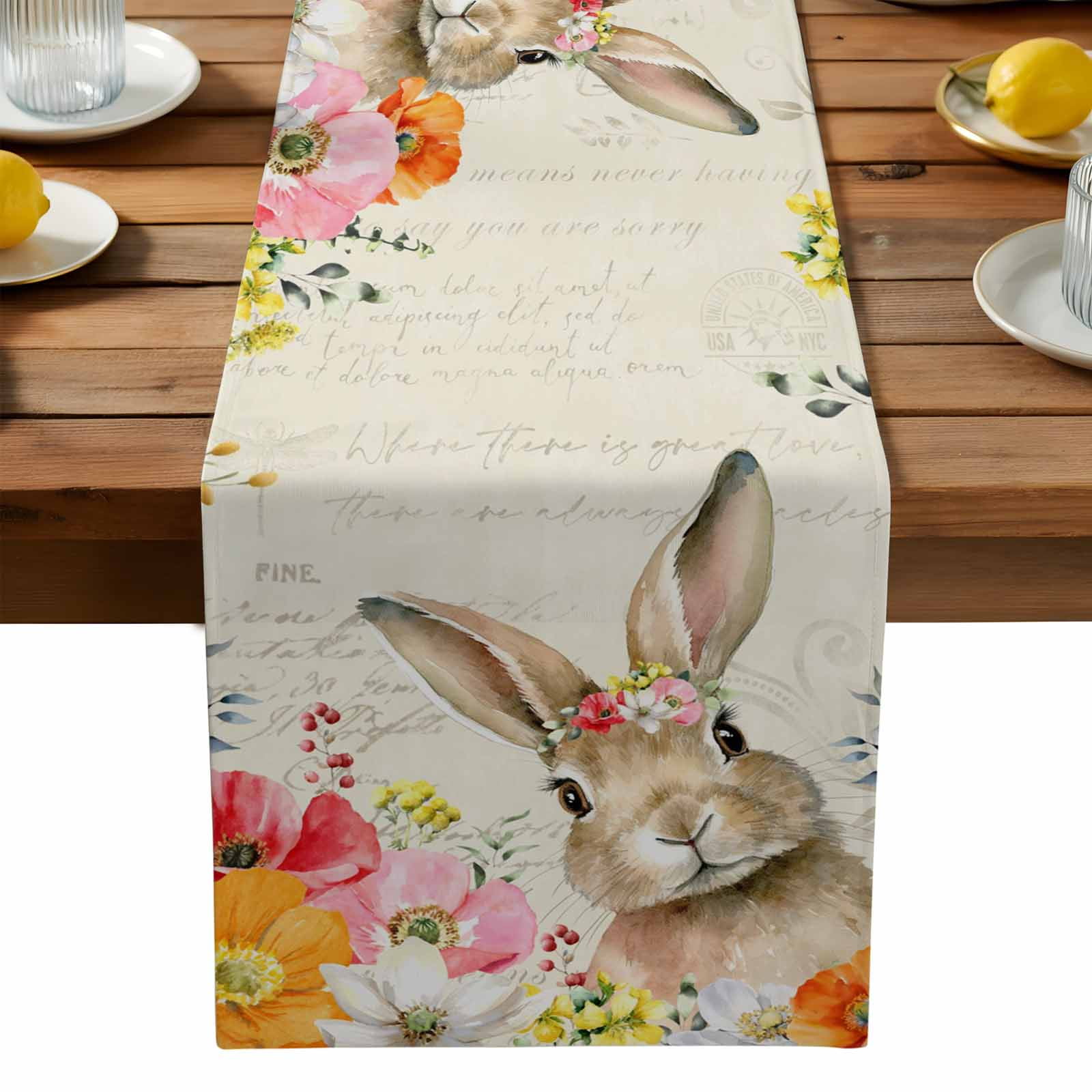 Easter Rabbit Table Runner, Watercolor Spring Flowers Leaf Vintage ...