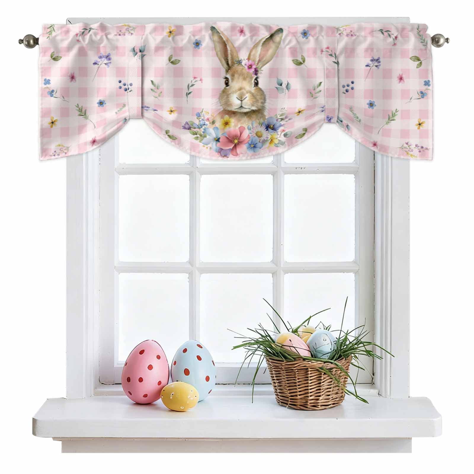 Easter Rabbit Tie Up Valances Curtain, Spring Blue Purple Pink Floral ...