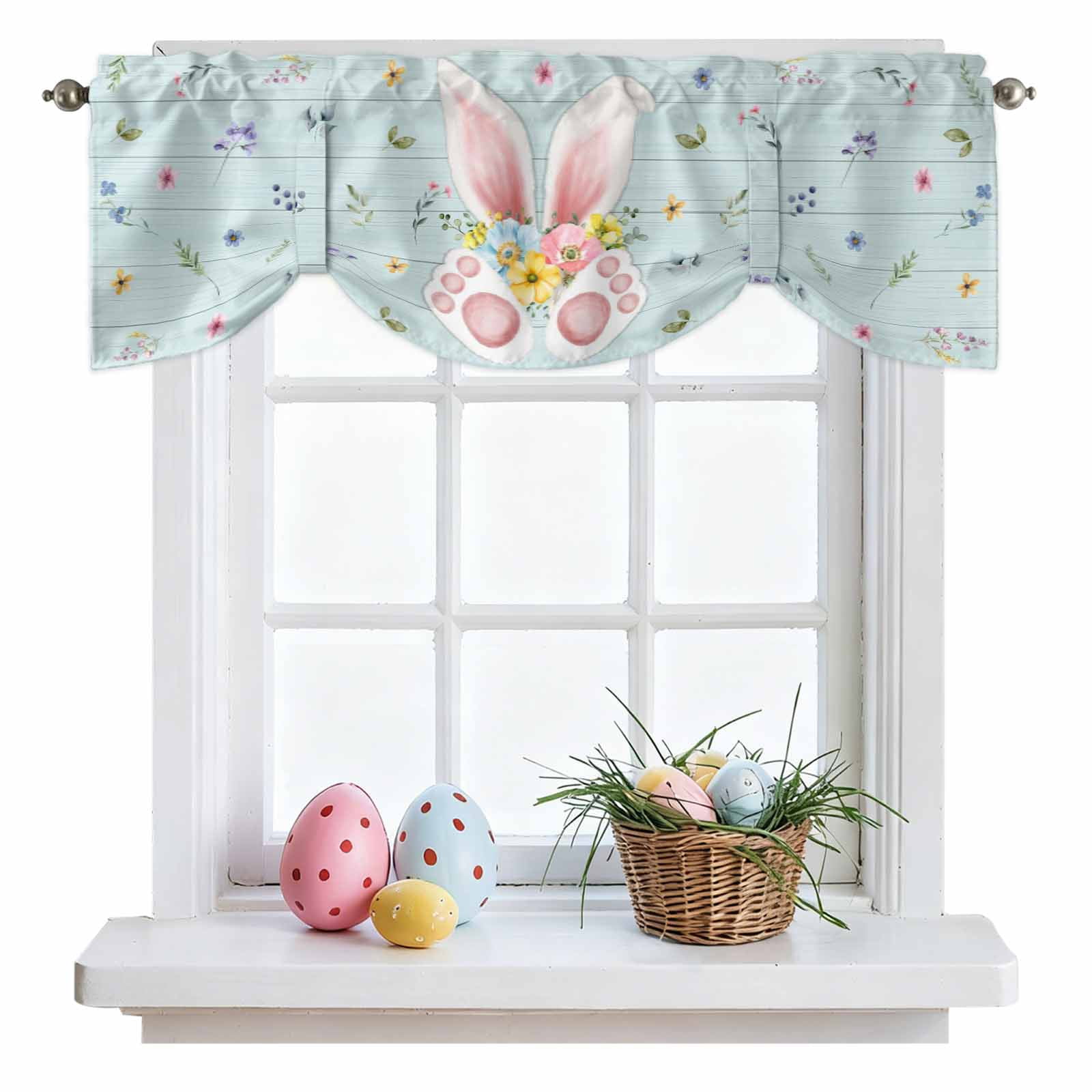 Easter Rabbit Tie Up Valances Curtain, Spring Bunny Ears Foot Floral ...