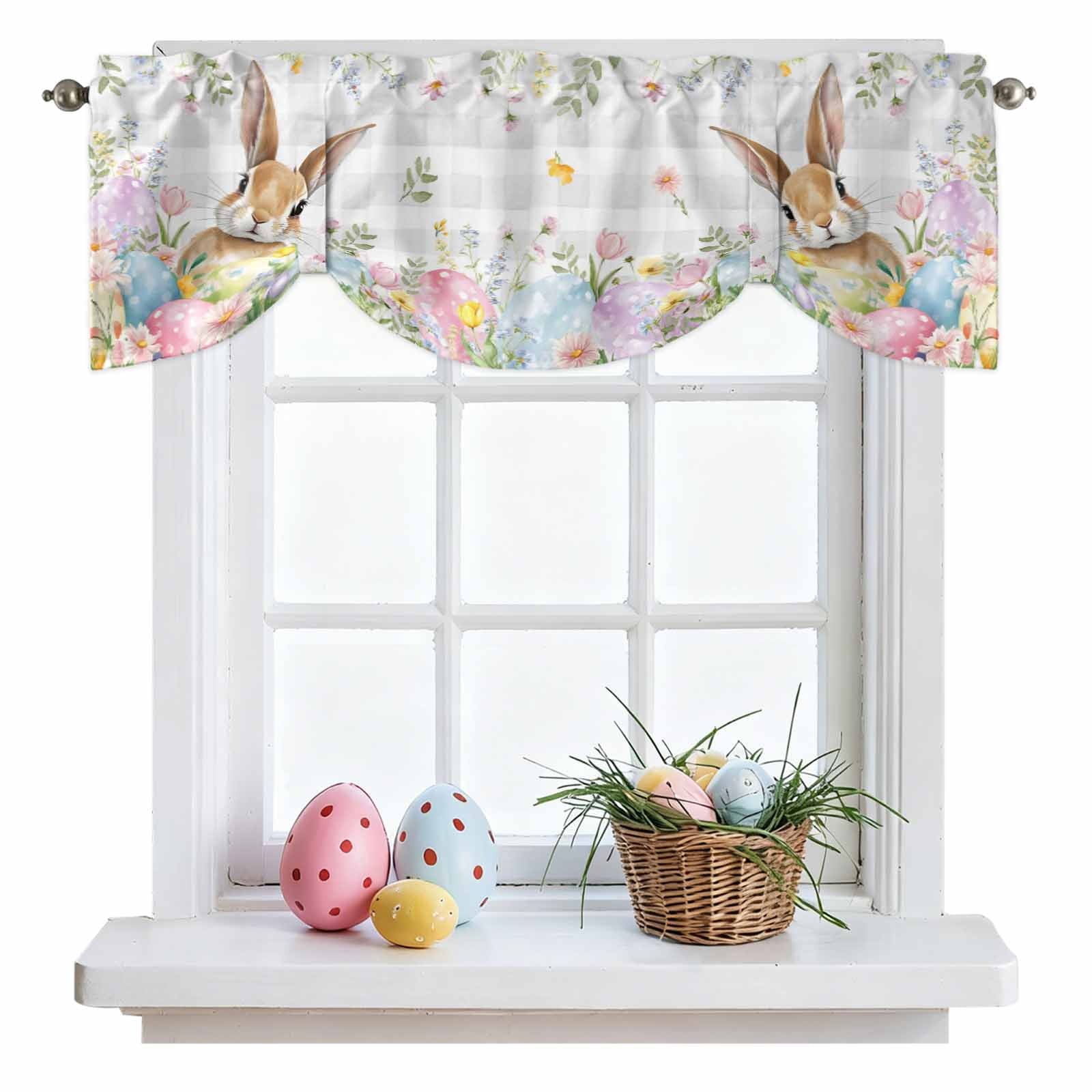 Easter Rabbit Tie Up Valances Curtain, Spring Floral Colored Eggs Light ...