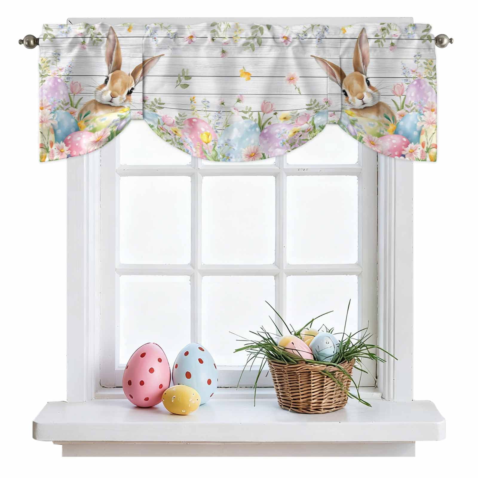 Easter Rabbit Tie Up Valances Curtain, Spring Floral Colored Eggs White ...