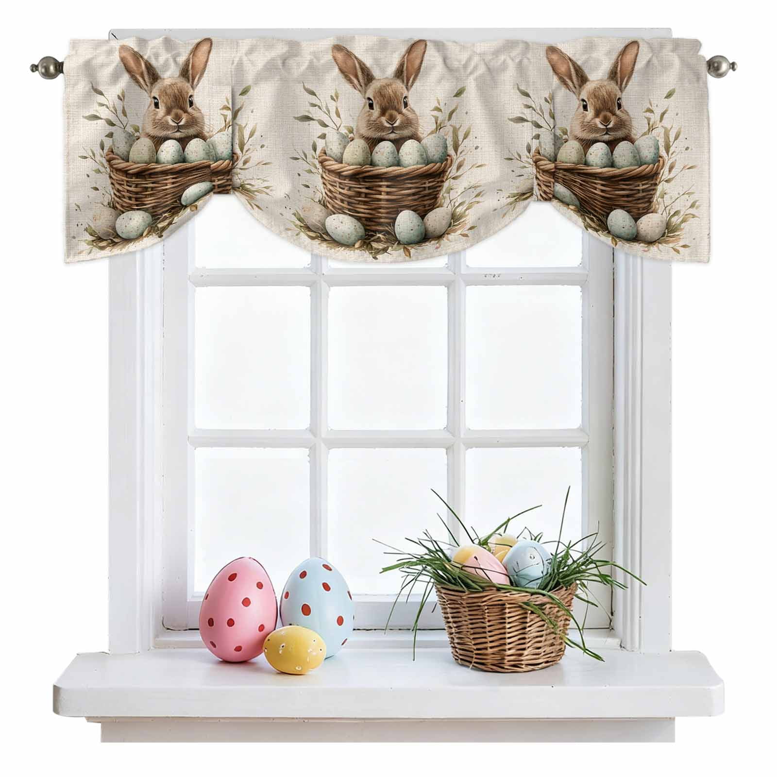 Easter Rabbit Tie Up Valances Curtain, Vintage Basket Green Egg Country ...