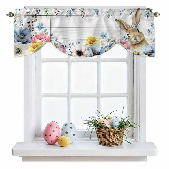 Easter Rabbit Tie Up Valances Curtain, Vintage Watercolor White Pink ...