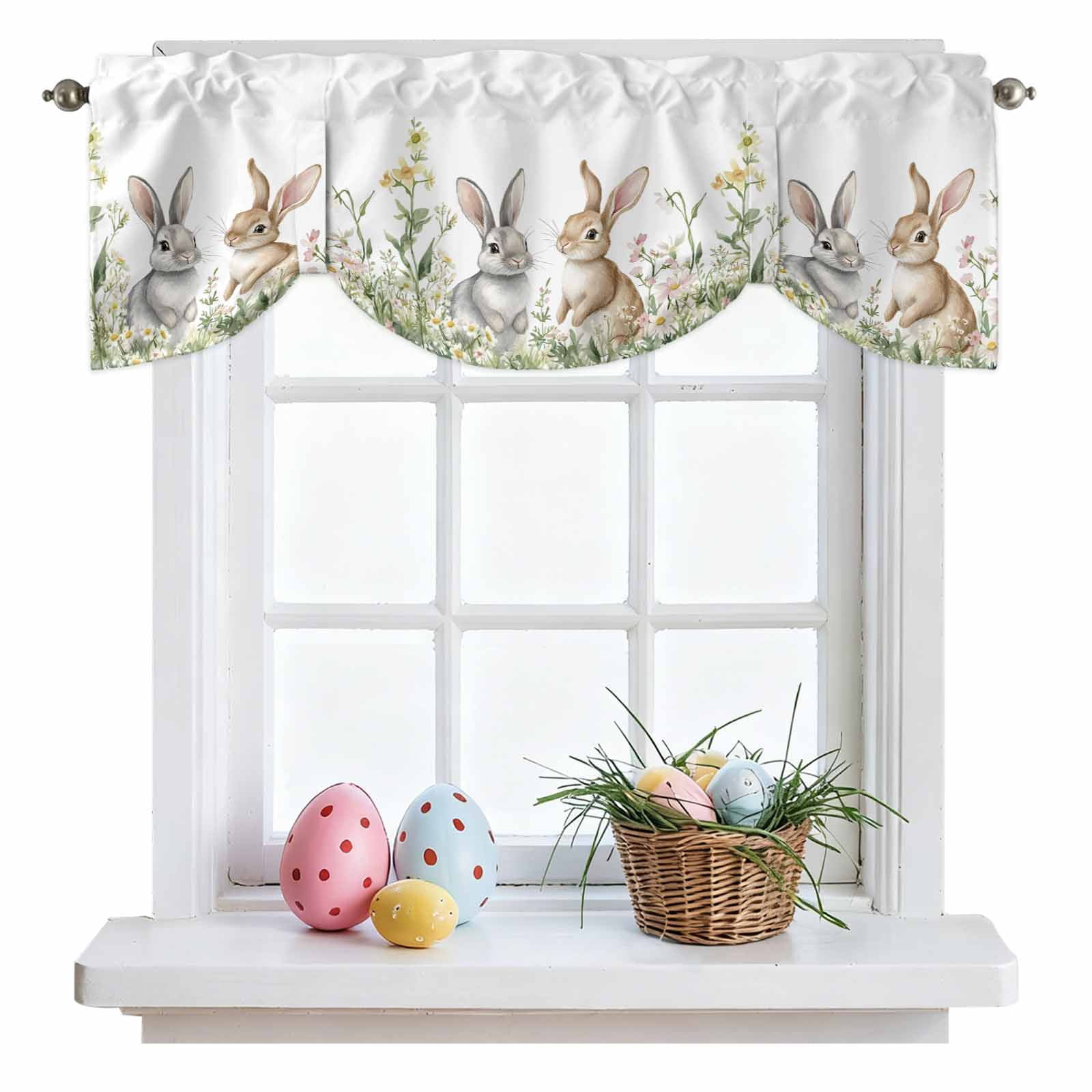 Easter Rabbit Tie Up Valances Curtain, Watercolor Grey Brown Bunny ...