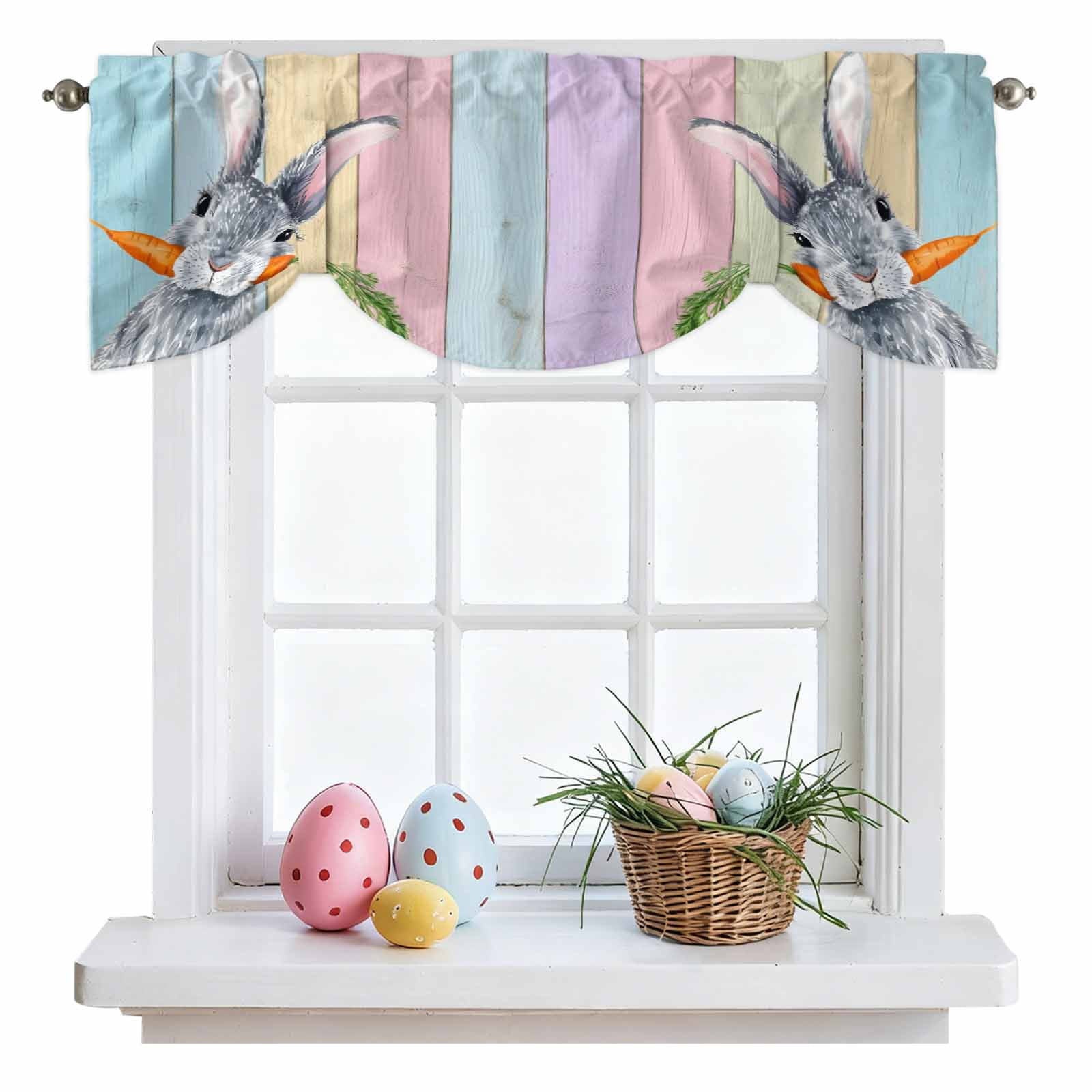 Easter Rabbit Tie Up Valances Curtain, Watercolor Spring Bunny Carrot ...