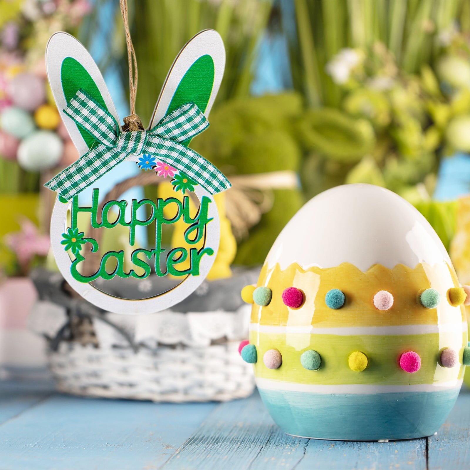 Easter Rabbit Tree Ornament Wooden Hanging Bunny Ornaments with Plaid ...