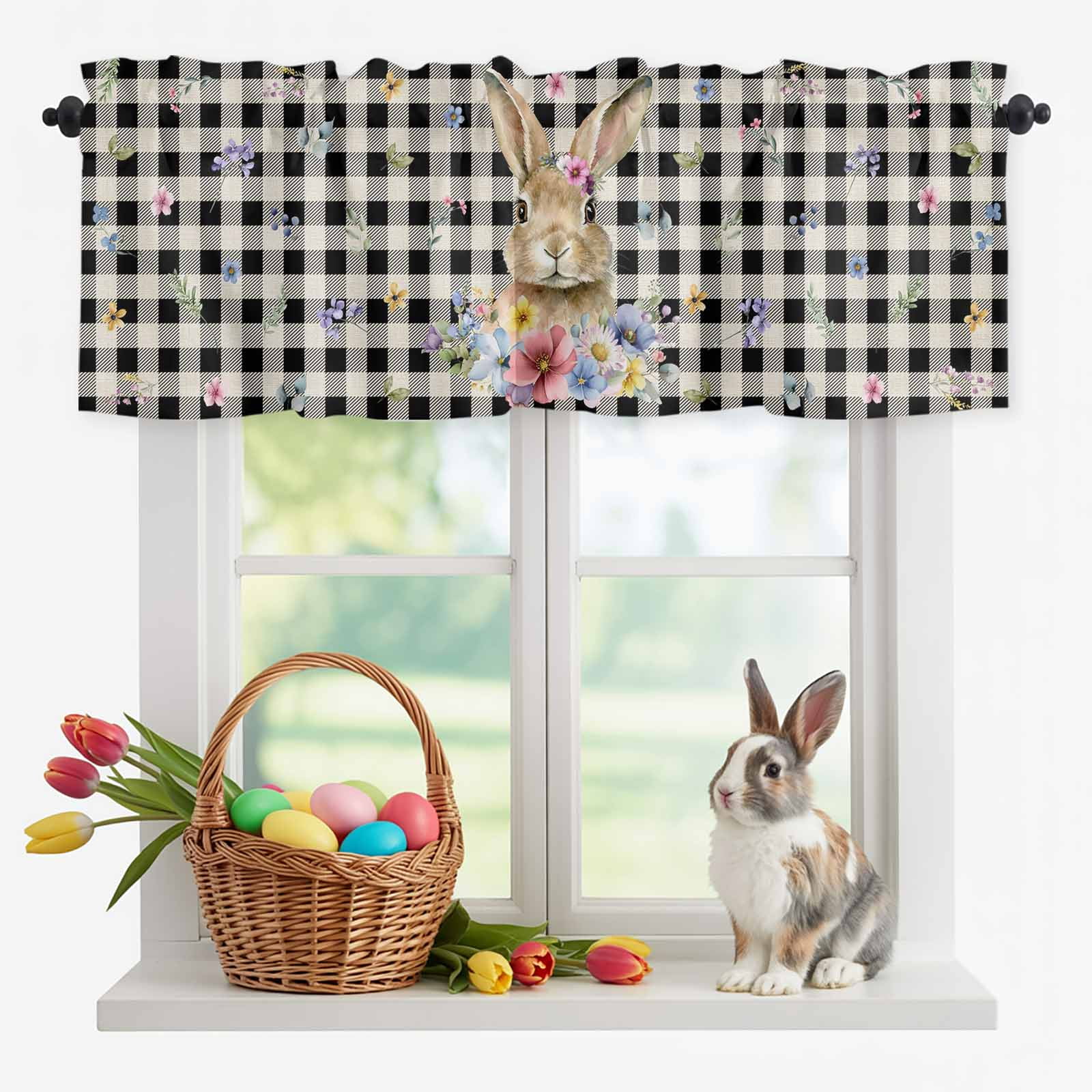 Easter Rabbit Valances for Windows, Spring Blue Purple Pink Floral Leaf ...