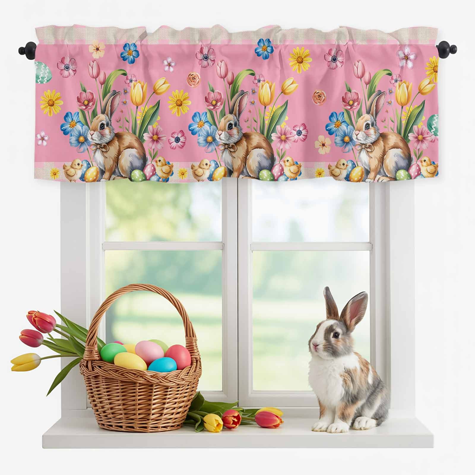 Easter Rabbit Valances for Windows, Spring Floral Leaf Watercolor Bunny ...