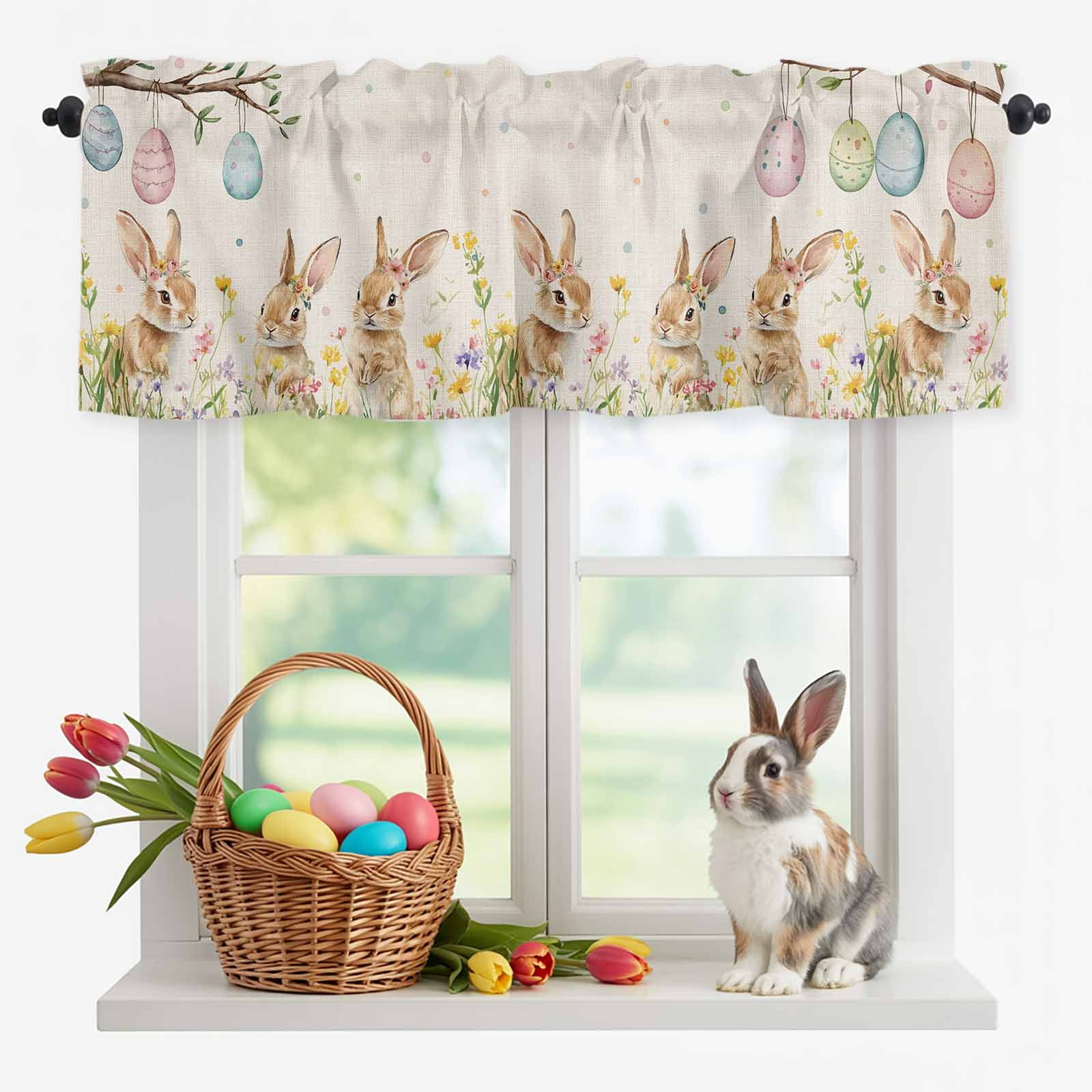 Easter Rabbit Valances for Windows, Vintage Pink Blue Egg Branch Spring ...