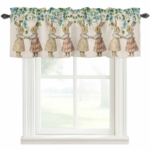 Easter Rabbit Valances for Windows Blue Flower Leaf Rod Pocket Curtain ...