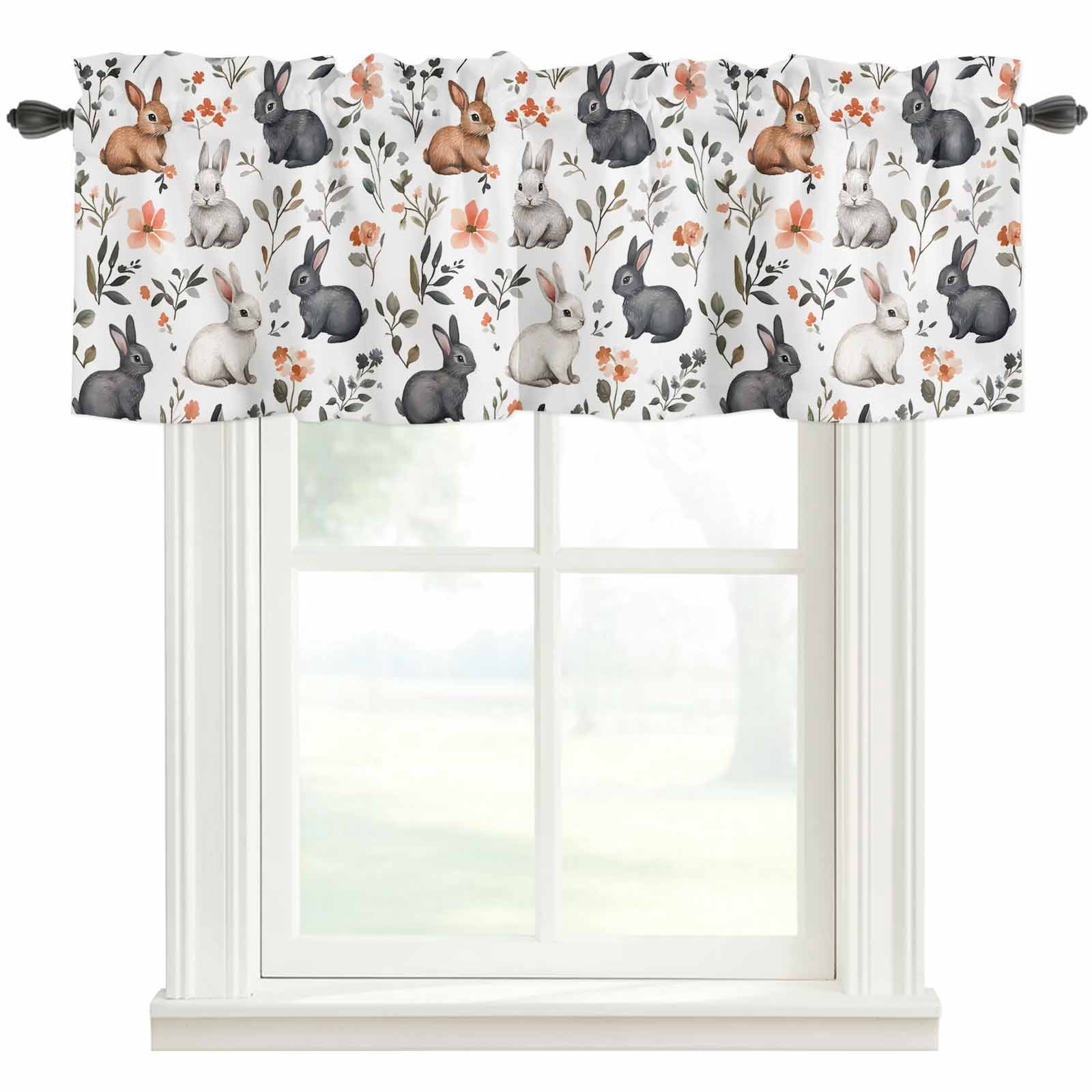 Easter Rabbit Valances for Windows Leaf Red Floral Rod Pocket Curtain ...