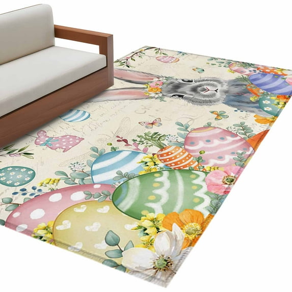 Easter Rabbit Washable Area Rug 2.7 x 5 ft Spring Floral Eggs Branches ...