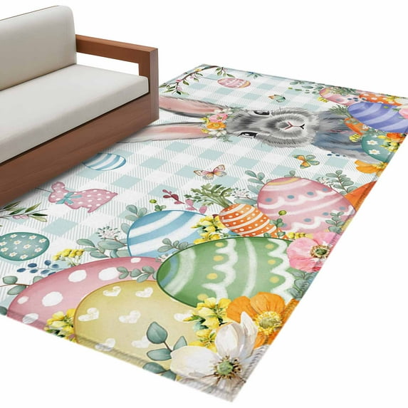 Easter Rabbit Washable Area Rug 2.7 x 5 ft Spring Floral Eggs Branches ...