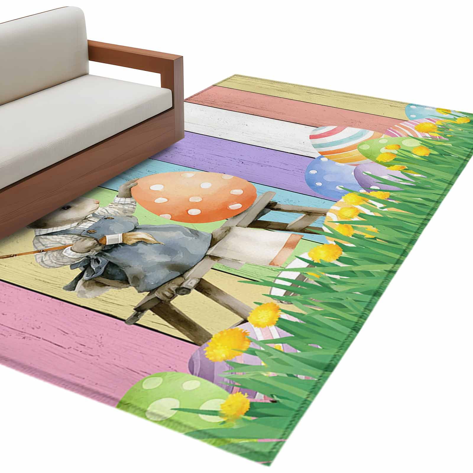 Easter Rabbit Washable Area Rug 2.7 x 5 ft Watercolor Eggs Yellow ...