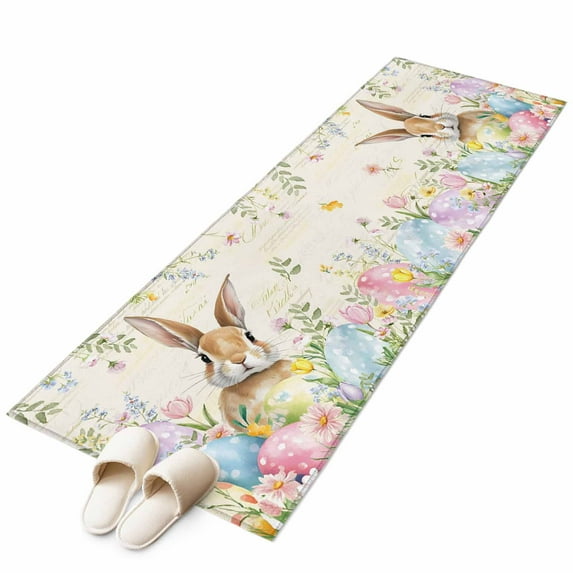 Easter Rabbit Washable Area Rug 2 x 6 ft Spring Floral Colored Eggs ...