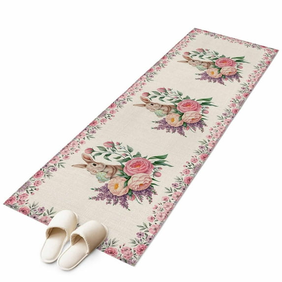 Easter Rabbit Washable Area Rug 2 x 6 ft Spring Pink Purple Floral Eggs ...