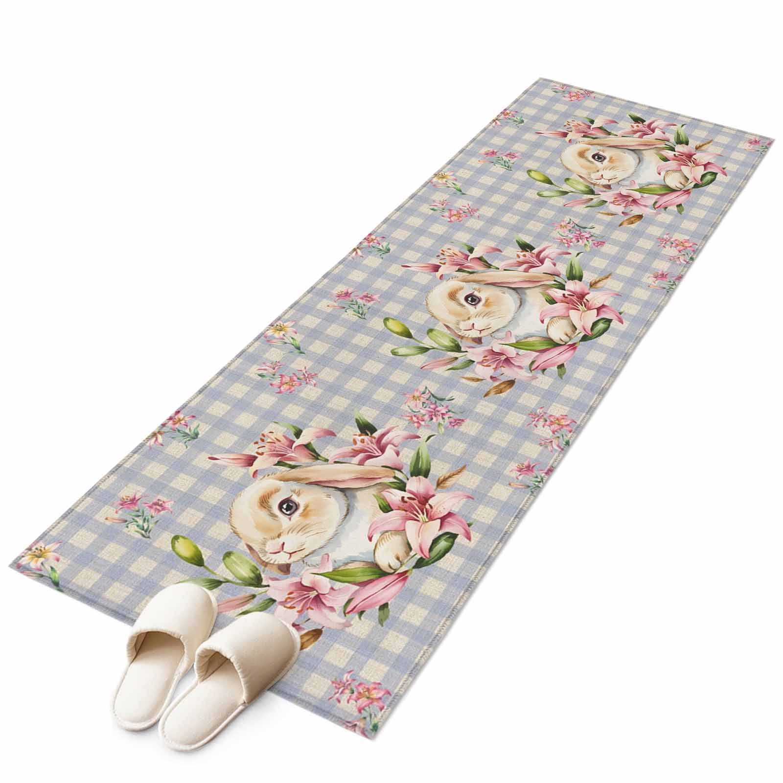 Easter Rabbit Washable Area Rug 2 x 6 ft Vintage Spring Pink Floral ...