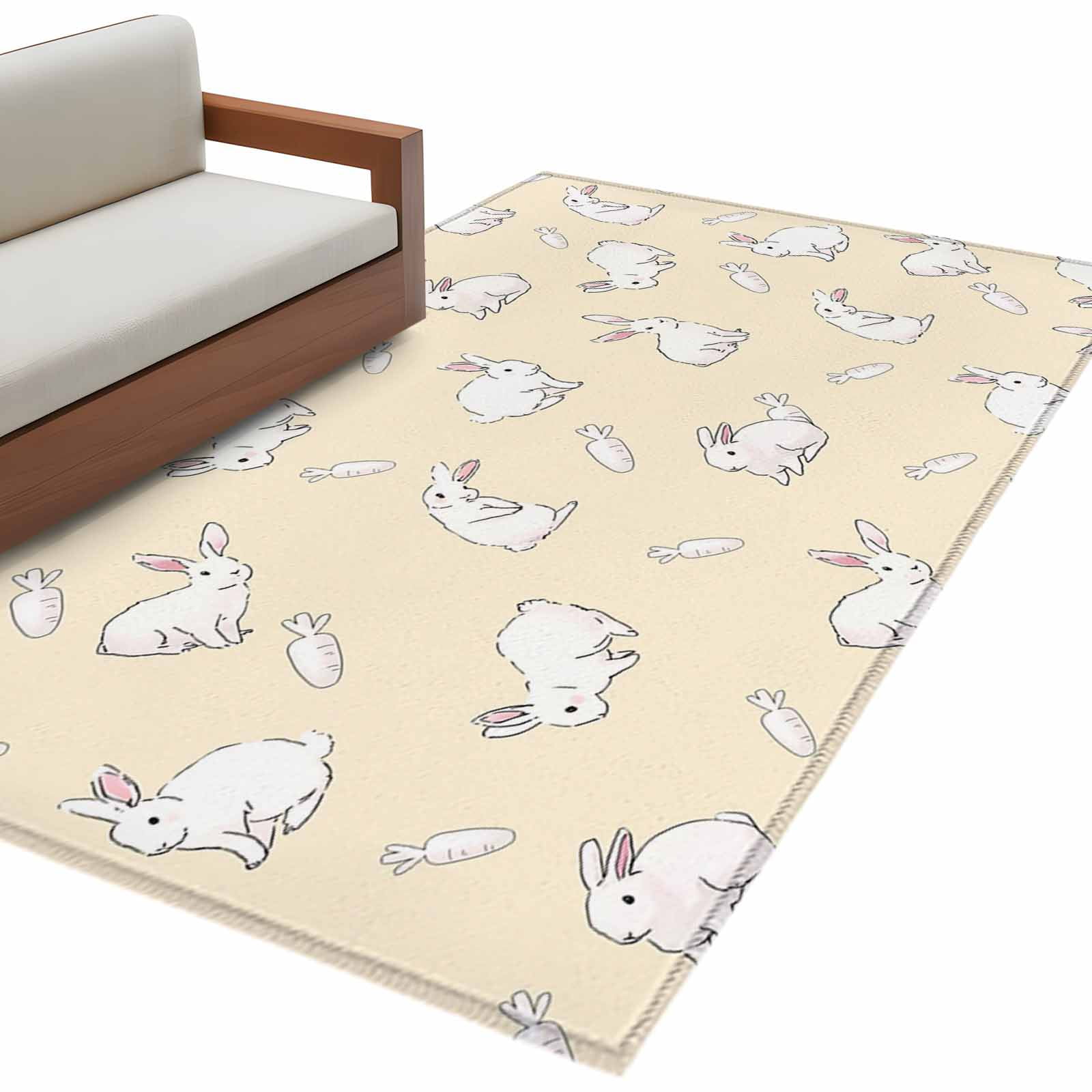 Easter Rabbit Washable Area Rug 3 x 5 ft Cute White Bunny Carrots ...