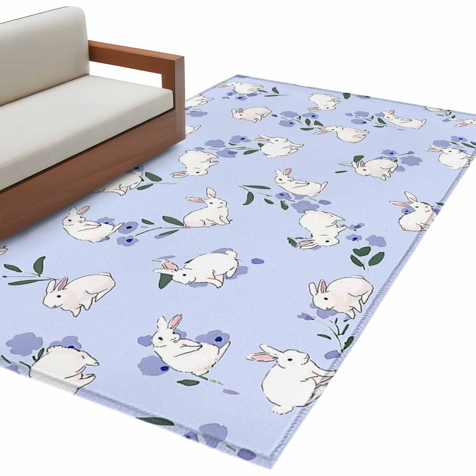 Easter Rabbit Washable Area Rug 3 x 5 ft Cute White Bunny Floral Blue ...