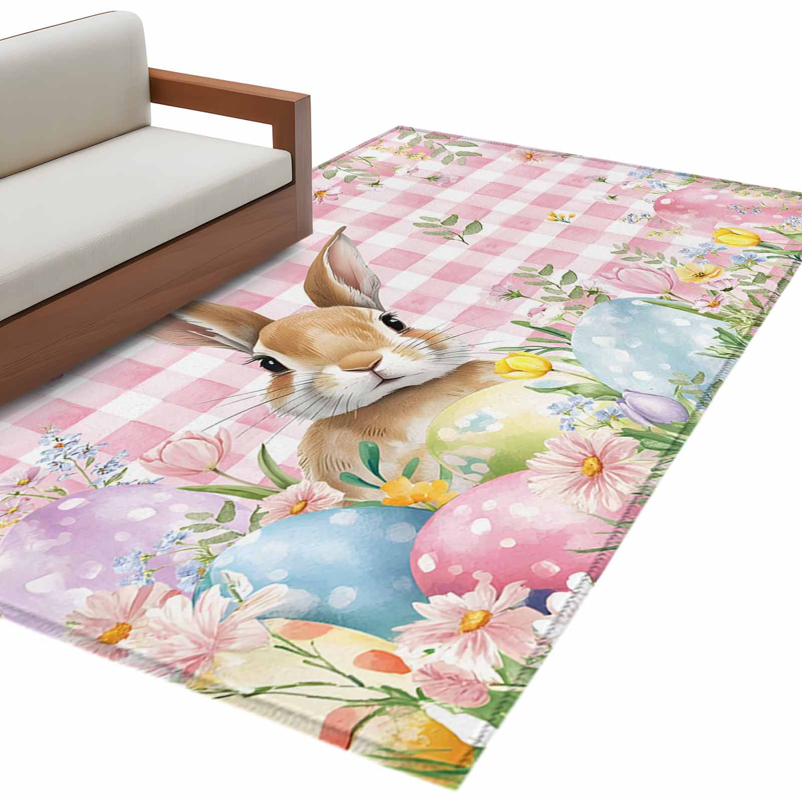 Easter Rabbit Washable Area Rug 3 x 5 ft Spring Floral Colored Eggs ...